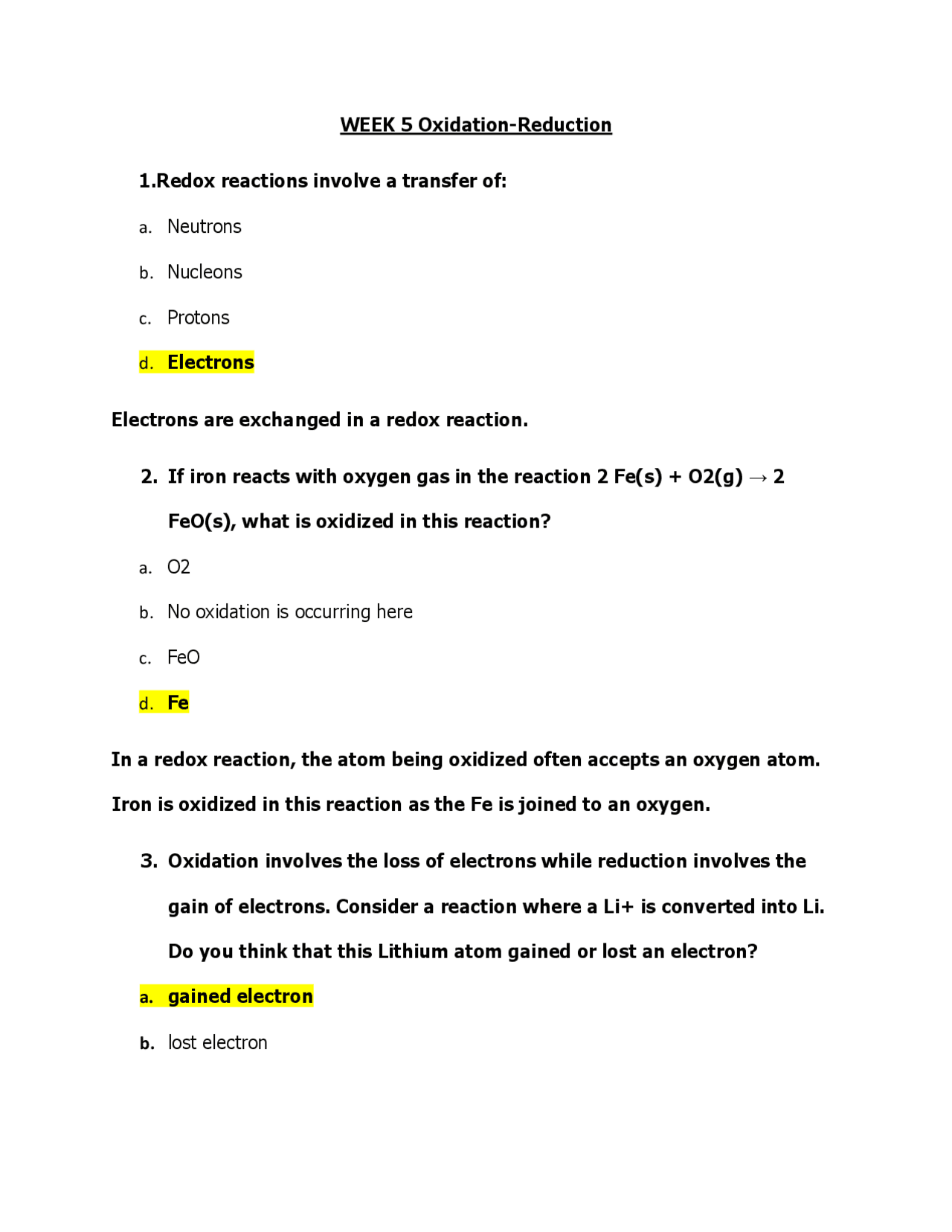 Chem Week 5 Questions And Answerspdf Exams Nursing Docsity
