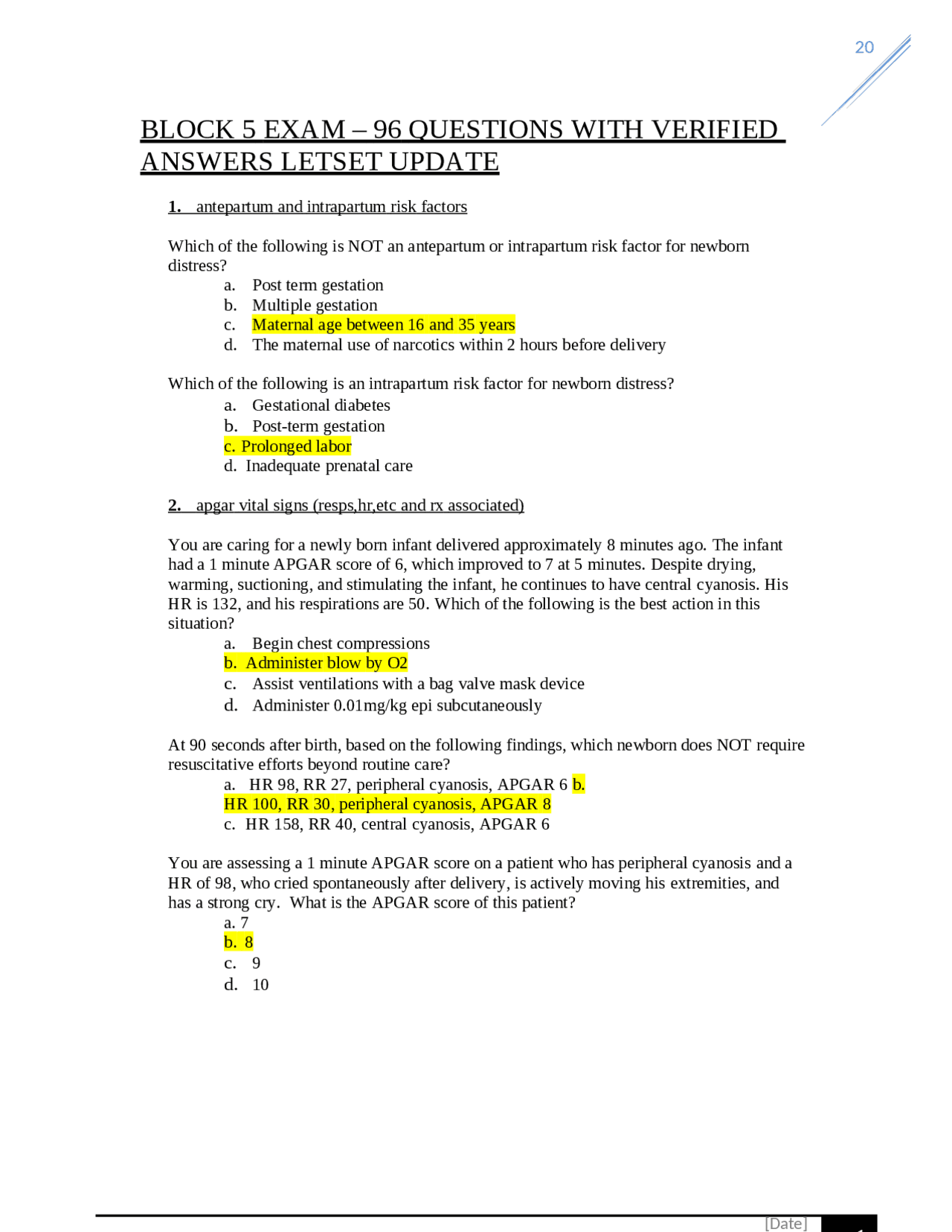 BLOCK 5 EXAM – 96 QUESTIONS WITH VERIFIED ANSWERS LETSET UPDATE | Exams Nursing | Docsity