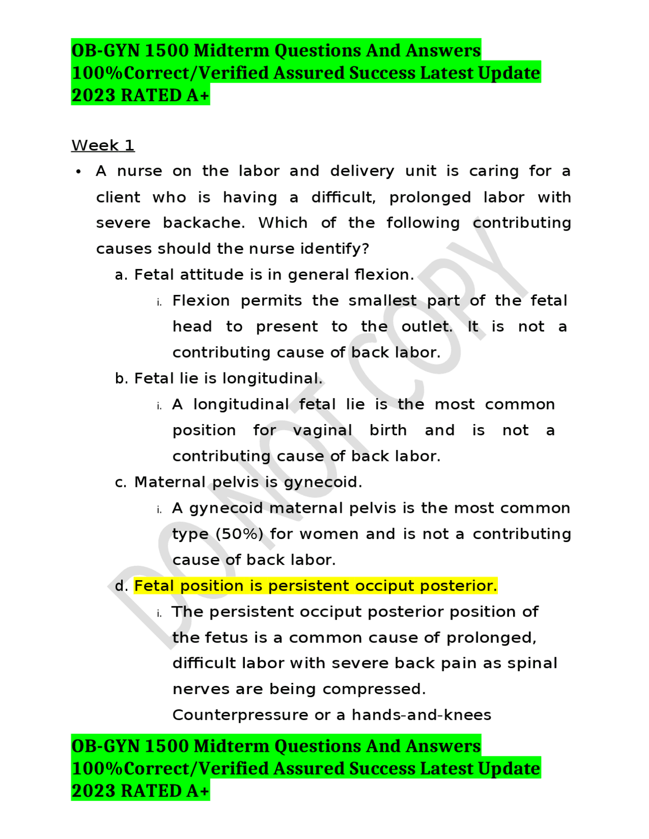 OB-GYN 1500 Midterm Questions and Answers | Exams Nursing | Docsity