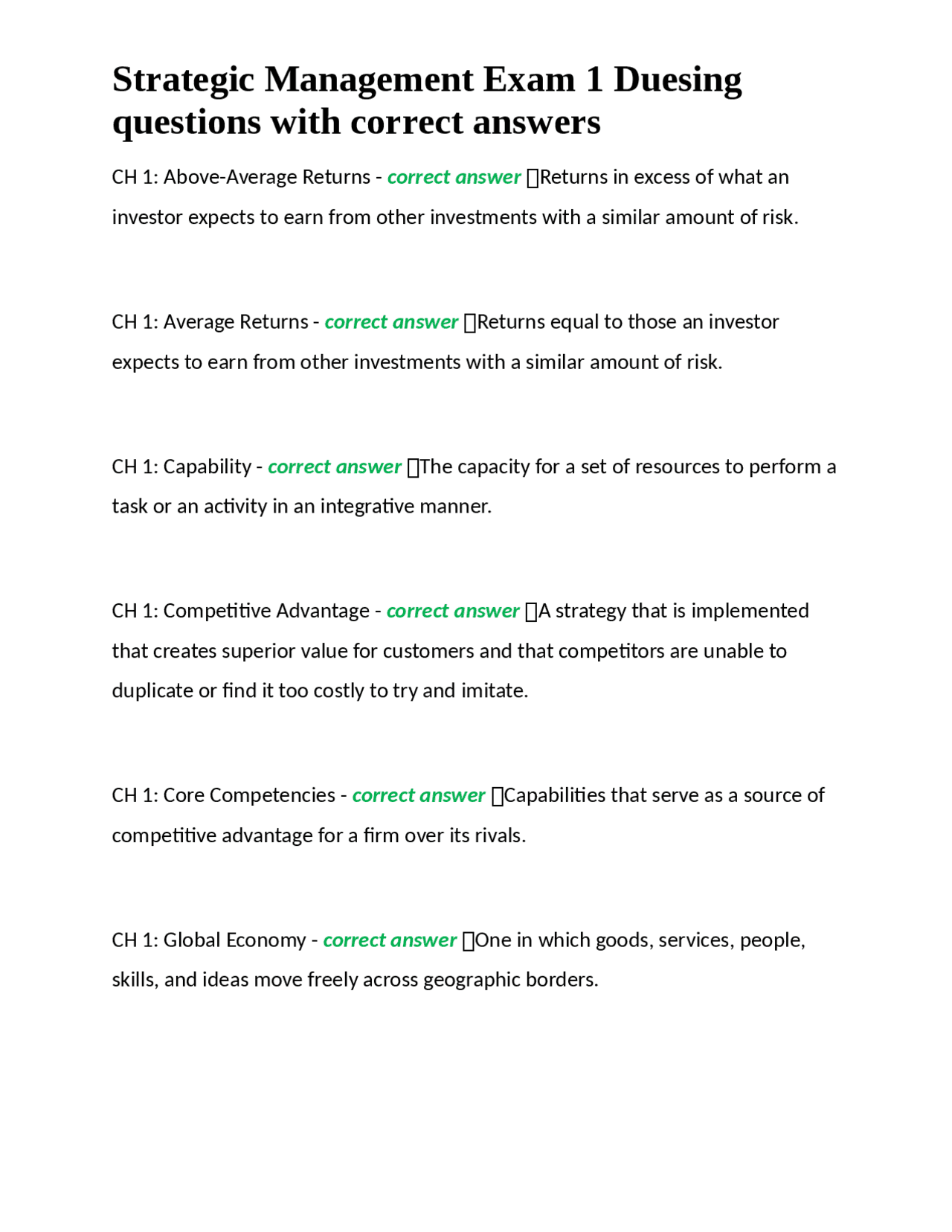 Strategic Management Exam 1 Duesing Questions With Correct Answers