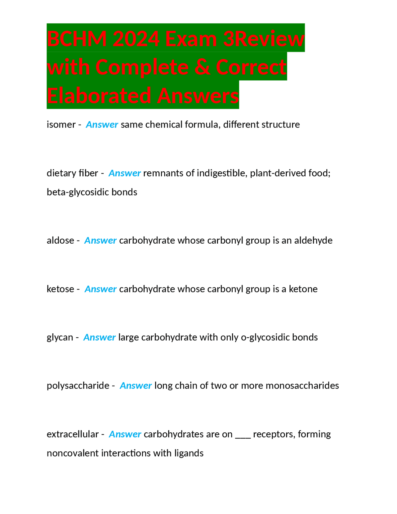 Bchm 2024 Exam 3review With Complete And Correct Elaborated Answers