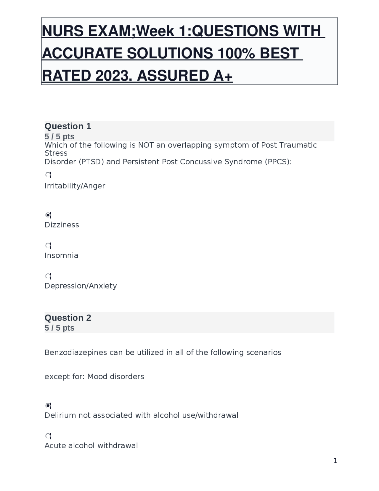 Nurs Examweek 1questions With Accurate Solutions 100 Best Rated 2023