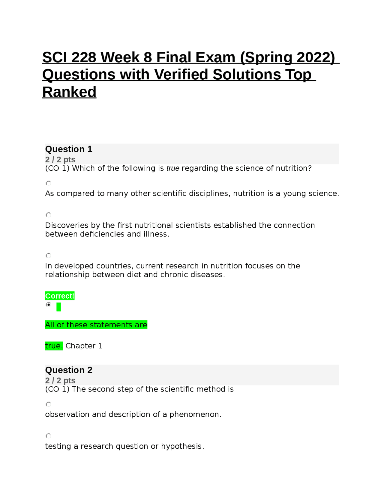 SCI 228 Week 8 Final Exam (Spring 2022) Questions with Verified Solutions | Exams Nursing | Docsity