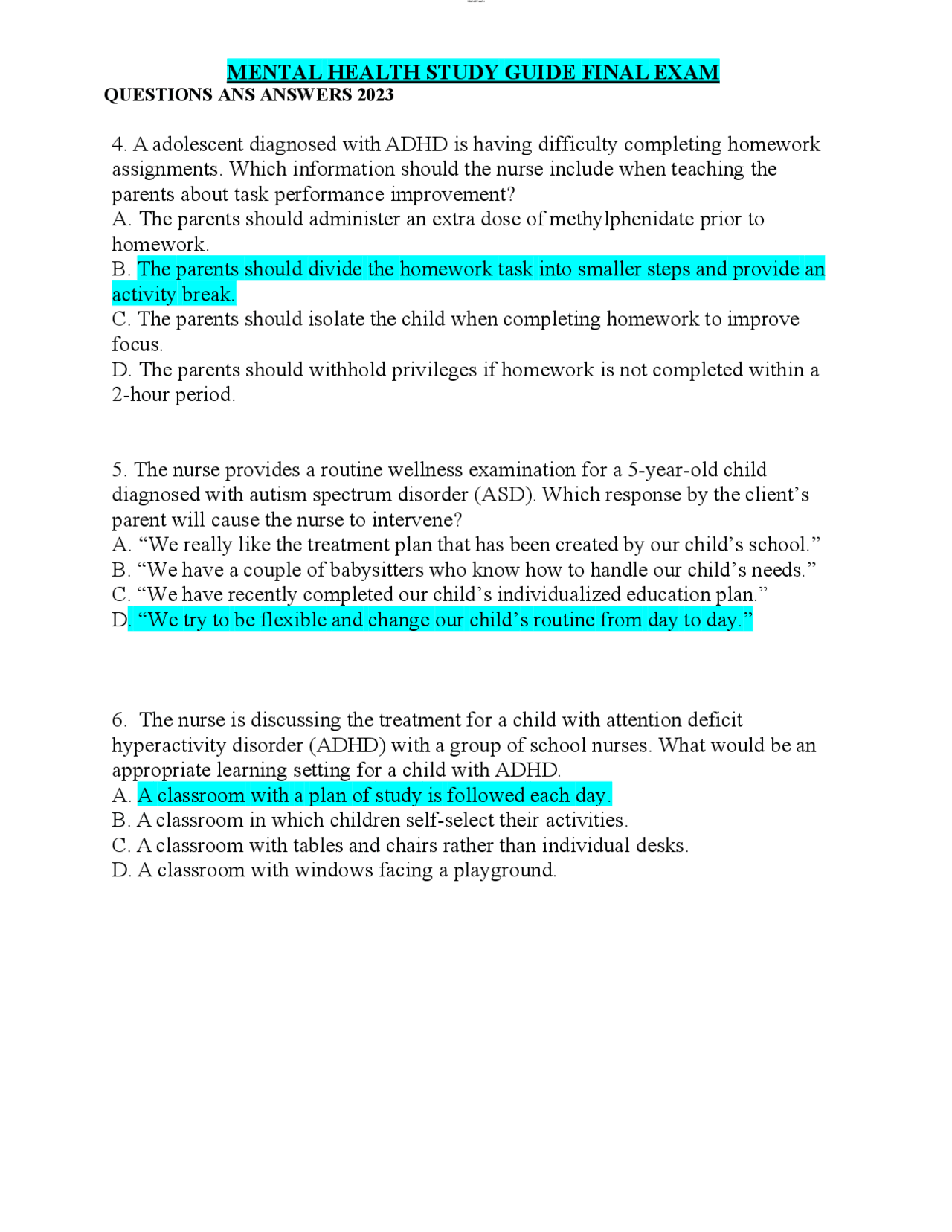 MENTAL HEALTH STUDY GUIDE FINAL EXAM QUESTIONS ANS ANSWERS 2023 | Study Guides, Projects ...