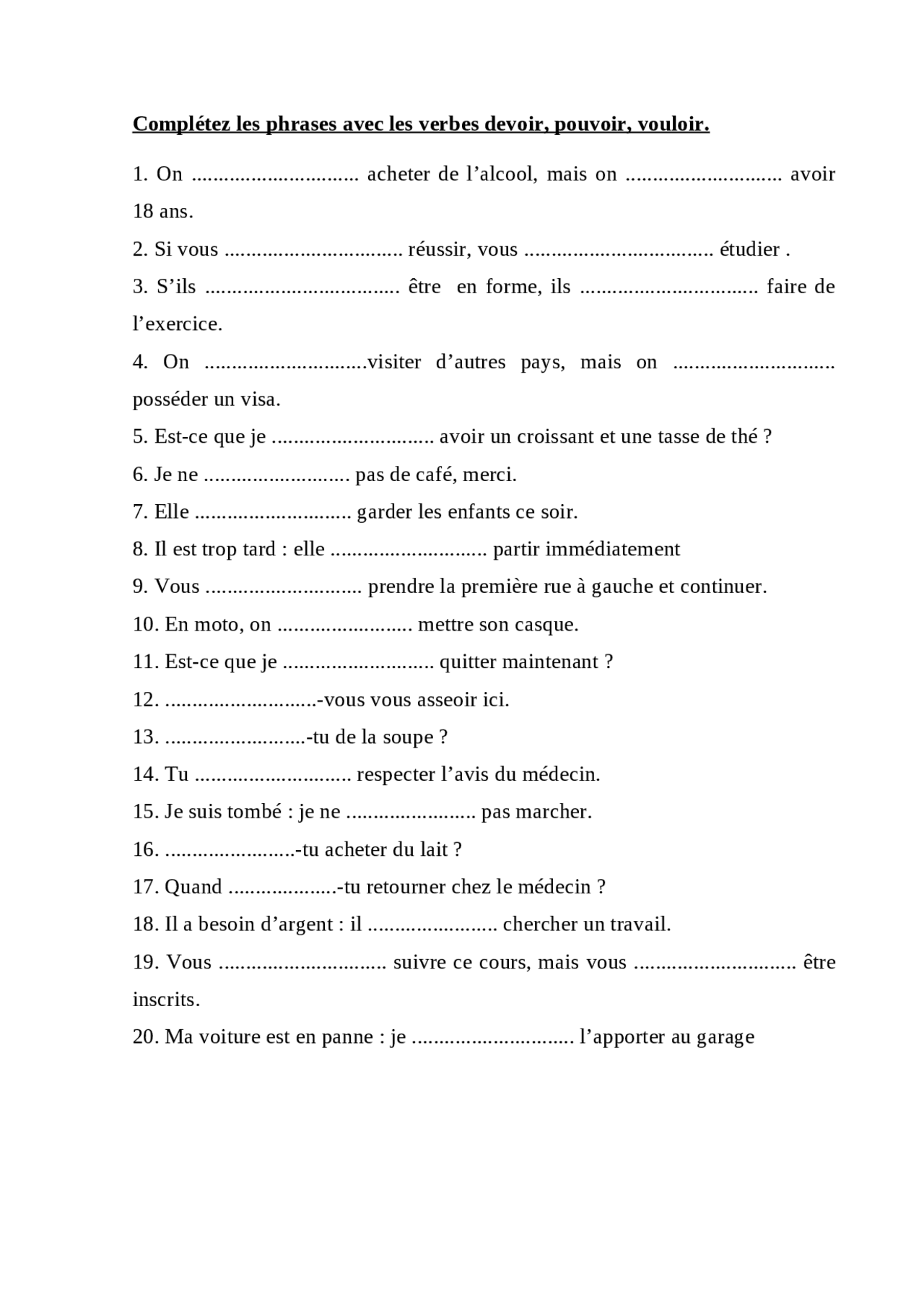 Exercices verbes pouvoir, savoir, vouloir, devoir | Ejercicios de ...