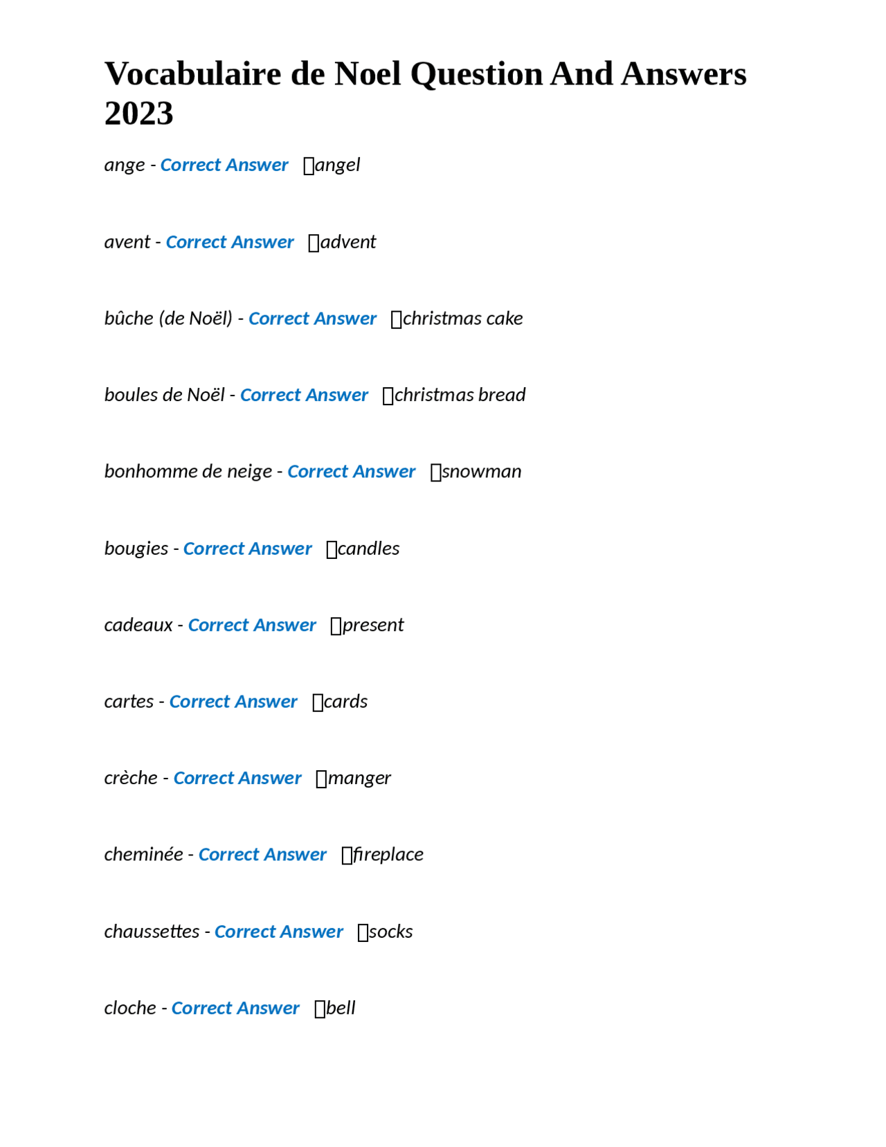 Vocabulaire de Noel Question And Answers 2023 | Exams Nursing | Docsity