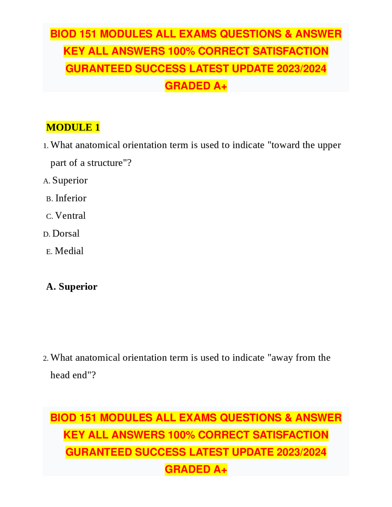 BIOD 151 MODULES ALL EXAMS QUESTIONS & ANSWER KEY ALL ANSWERS 100% CORRECT SATISFACTION GU ...
