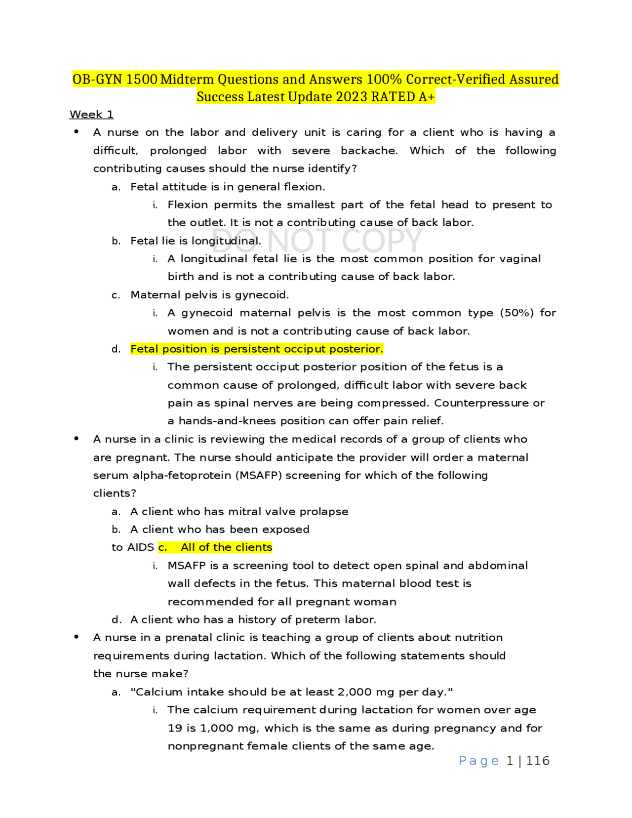 OB-GYN 1500 Midterm Questions and Answers 100% Correct-Verified Assured ...