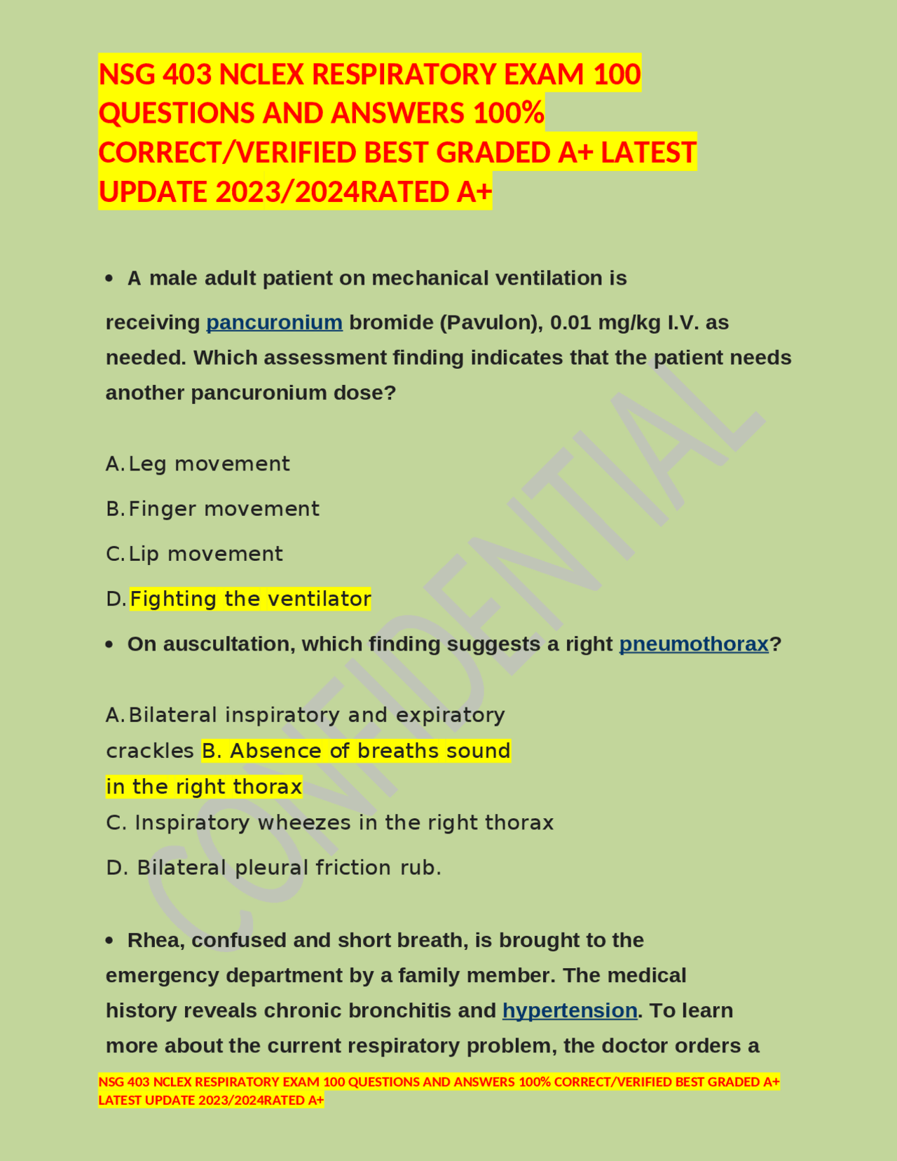 NSG 403 NCLEX RESPIRATORY EXAM 100 QUESTIONS AND ANSWERS 100% CORRECT ...