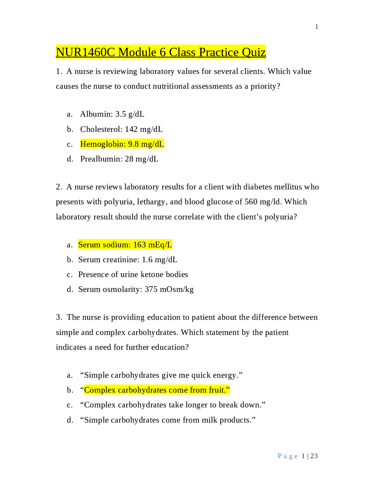 NUR1460C Module 6 Class Practice Quiz | Exams Nursing | Docsity