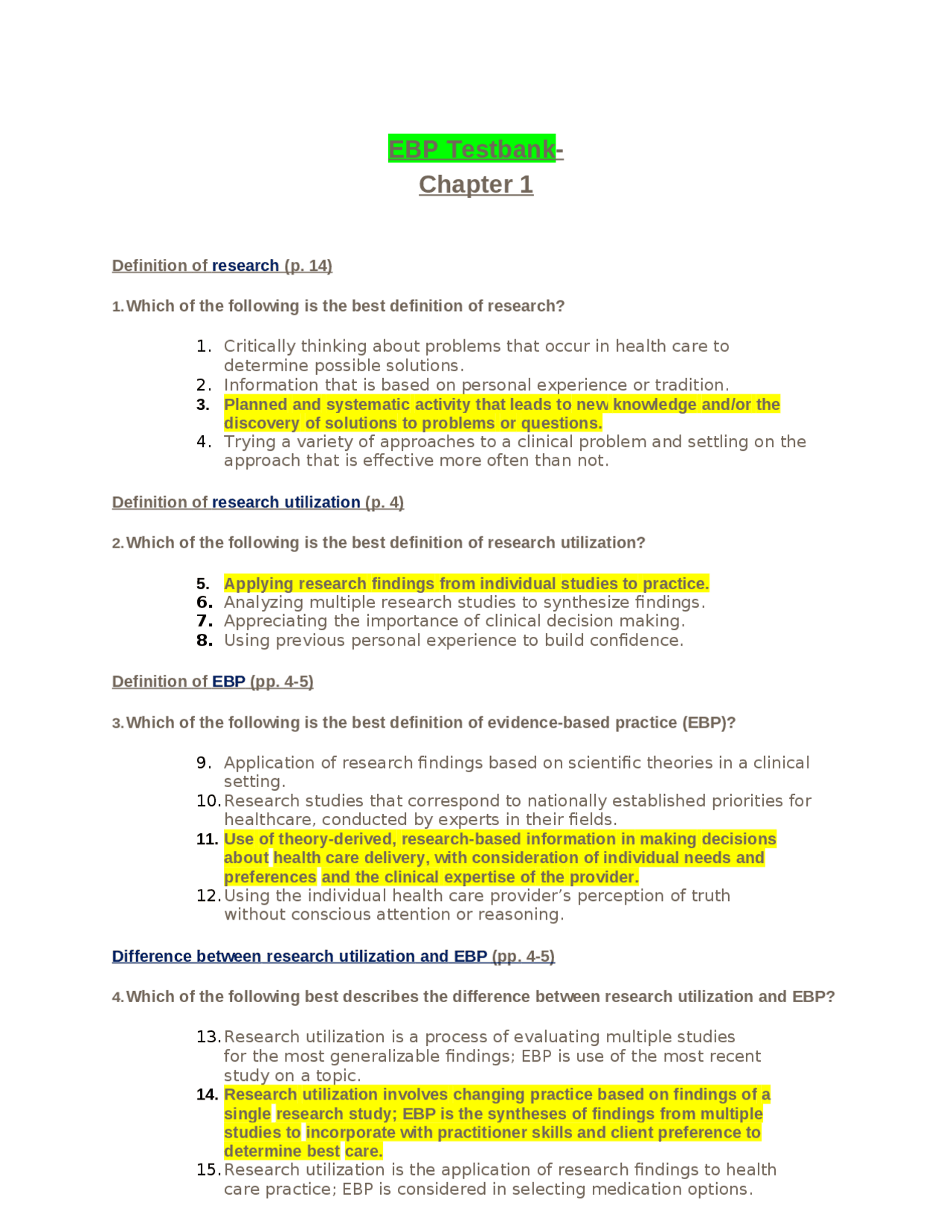 Evidence Based Practice Testbank Exams Nursing Docsity