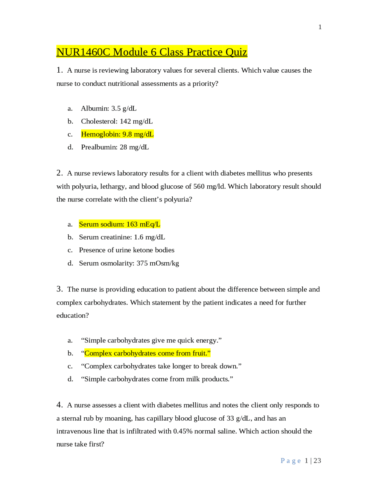 NUR1460C Module 6 Class Practice Quiz | Exams Nursing | Docsity