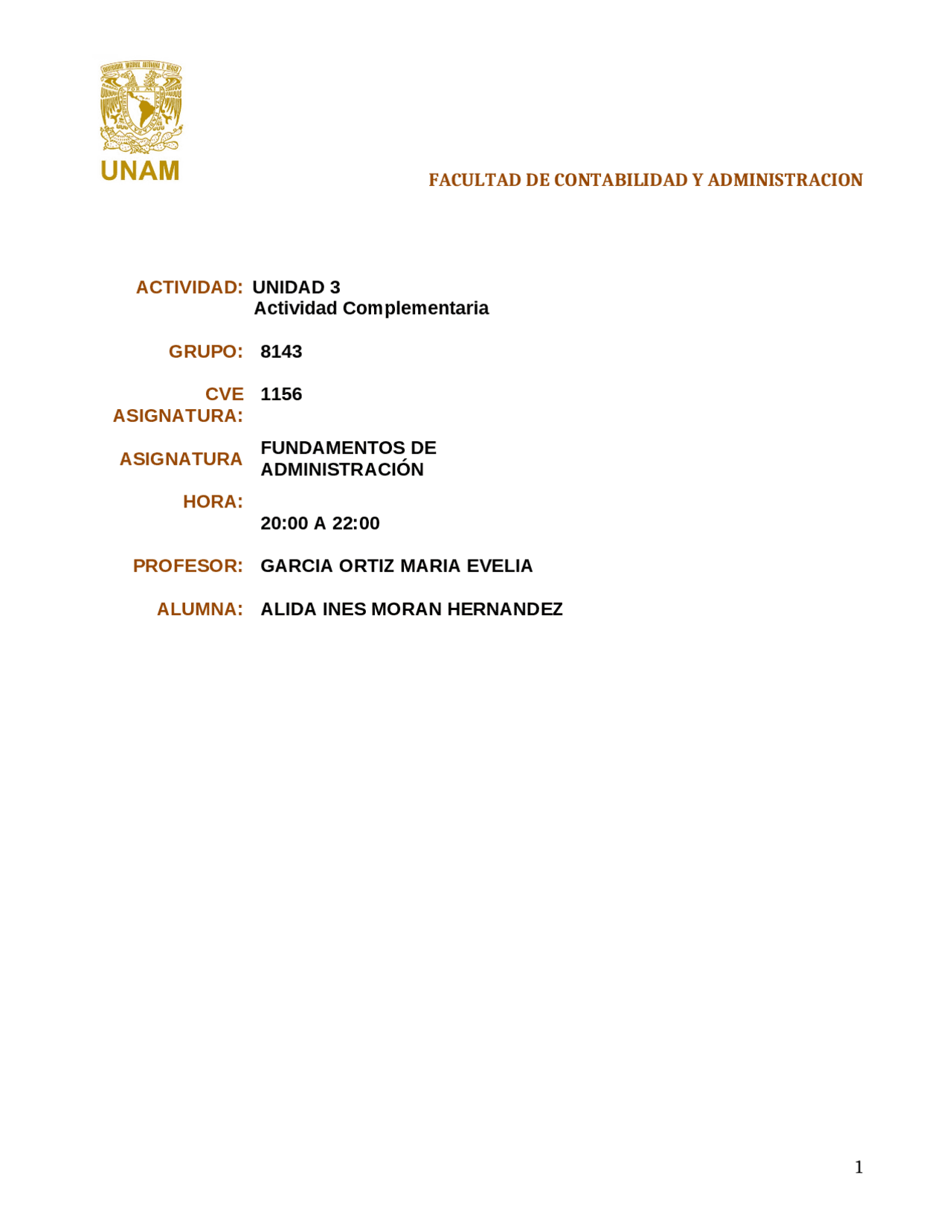 UNIDAD 3 ACTIVIDAD COMPLEMENTARIA | Resúmenes de Ciencia de la administración | Docsity