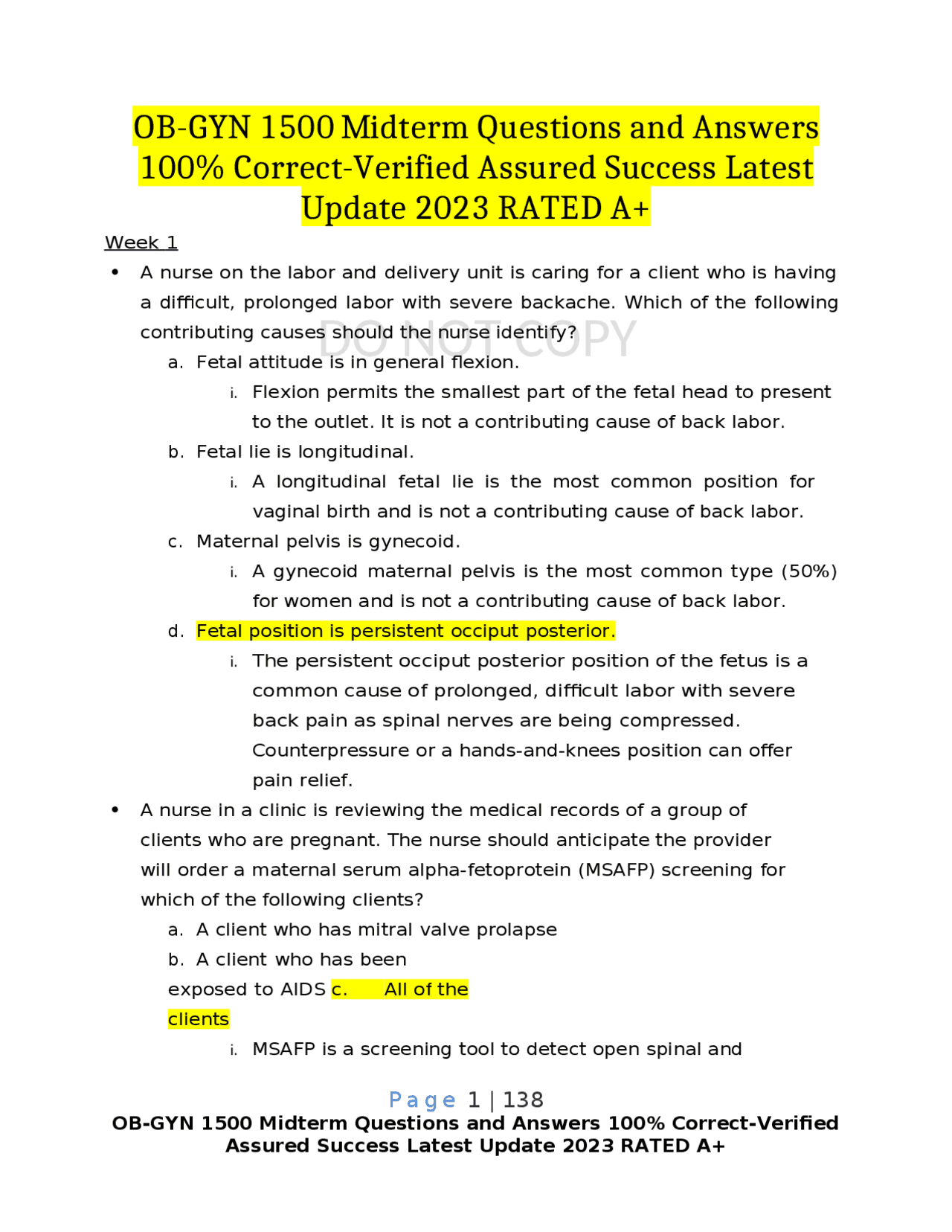 OB-GYN 1500 Midterm Questions and Answers 100% Correct-Verified Assured ...