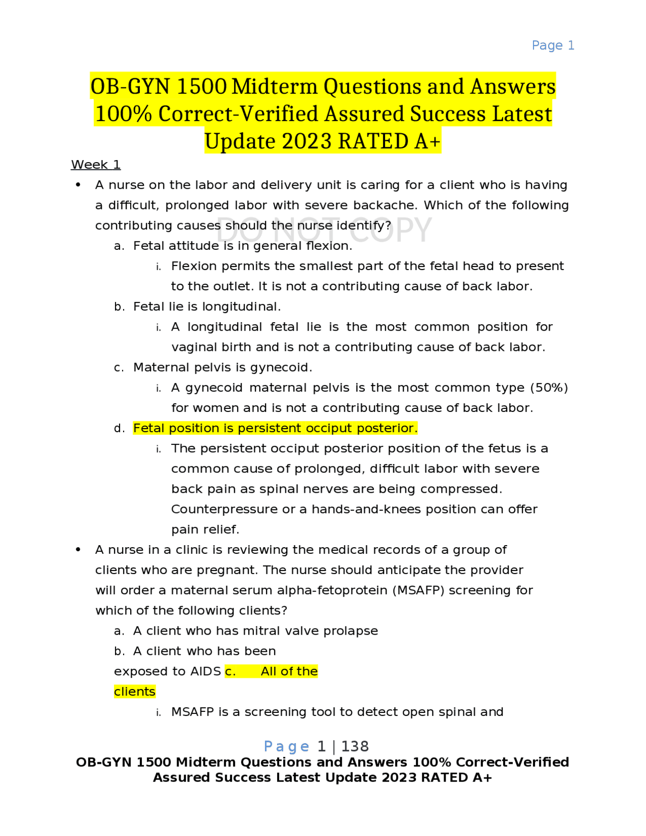 OB-GYN 1500 Midterm Questions and Answers | Exams Nursing | Docsity