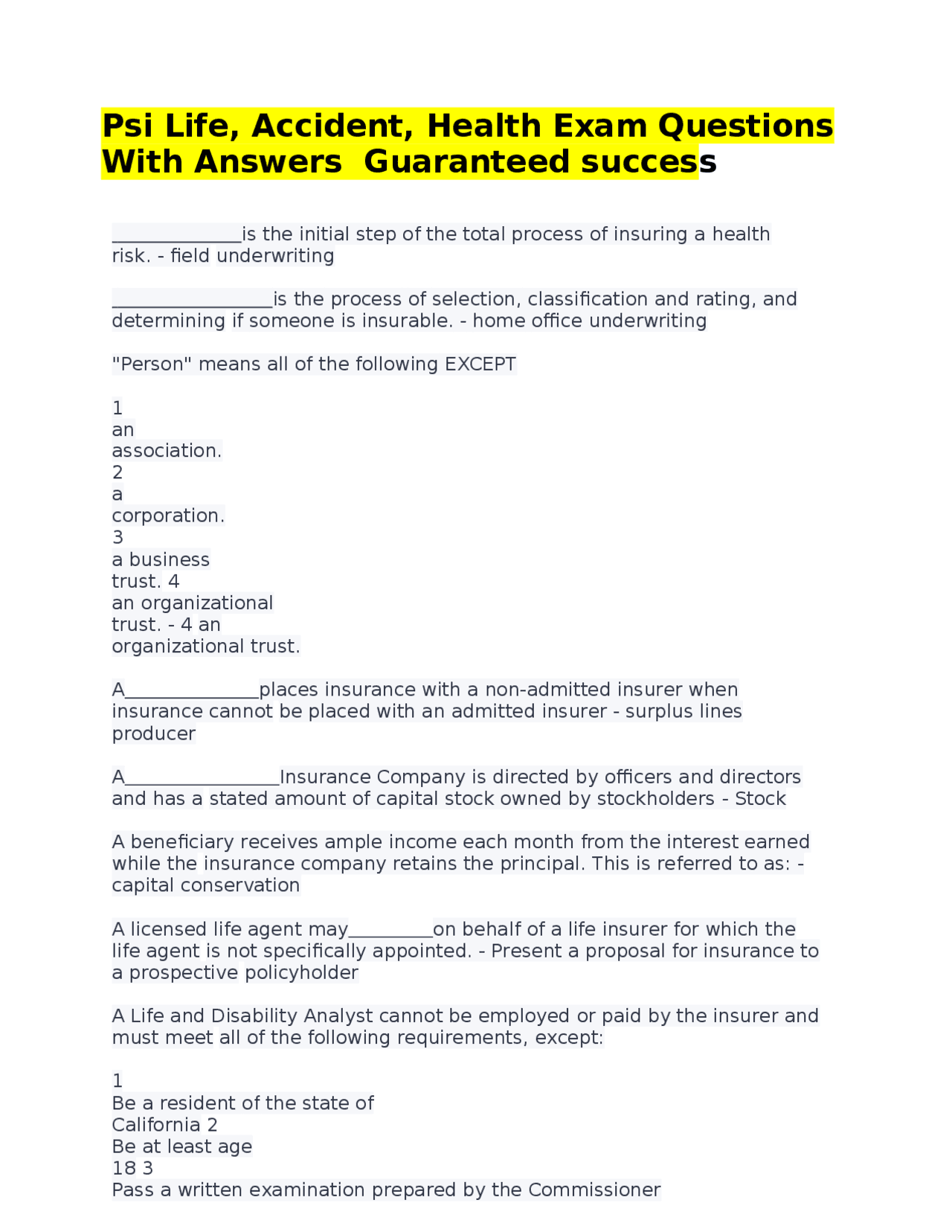Psi Life, Accident, Health Exam Questions With Answers Guaranteed ...