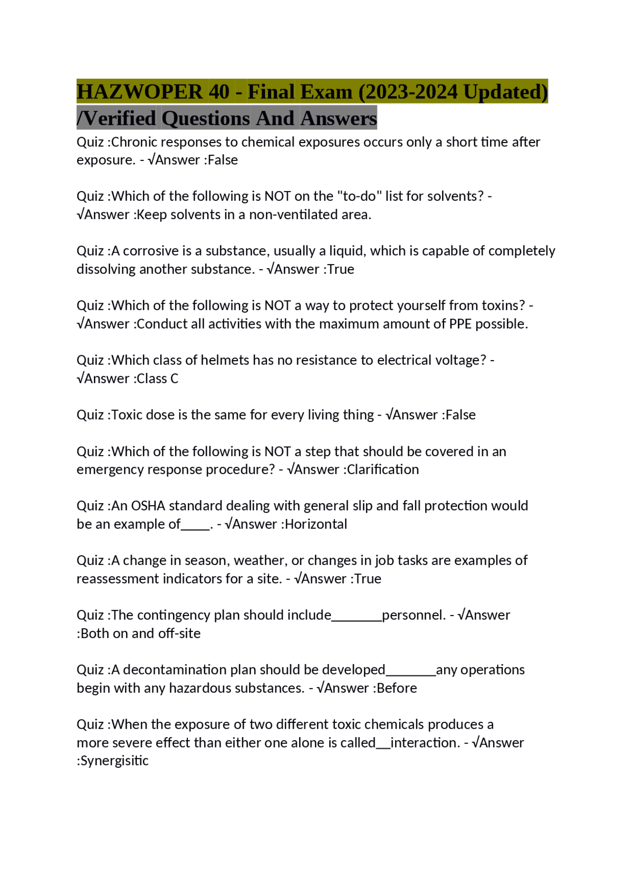 HAZWOPER 40 - Final Exam(Latest 2023 -2024) /Questions With Verified ...