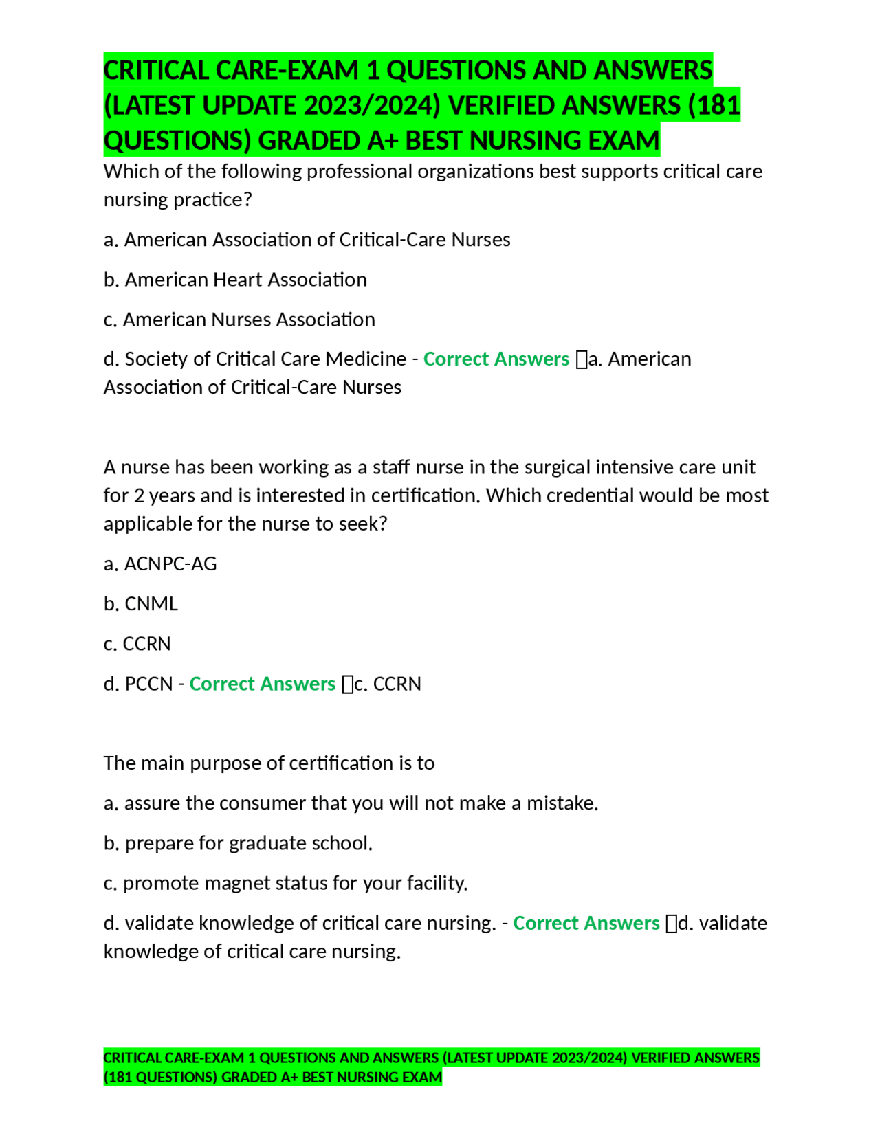 CRITICAL CARE-EXAM 1 QUESTIONS AND ANSWERS (LATEST UPDATE 2023/2024 ...