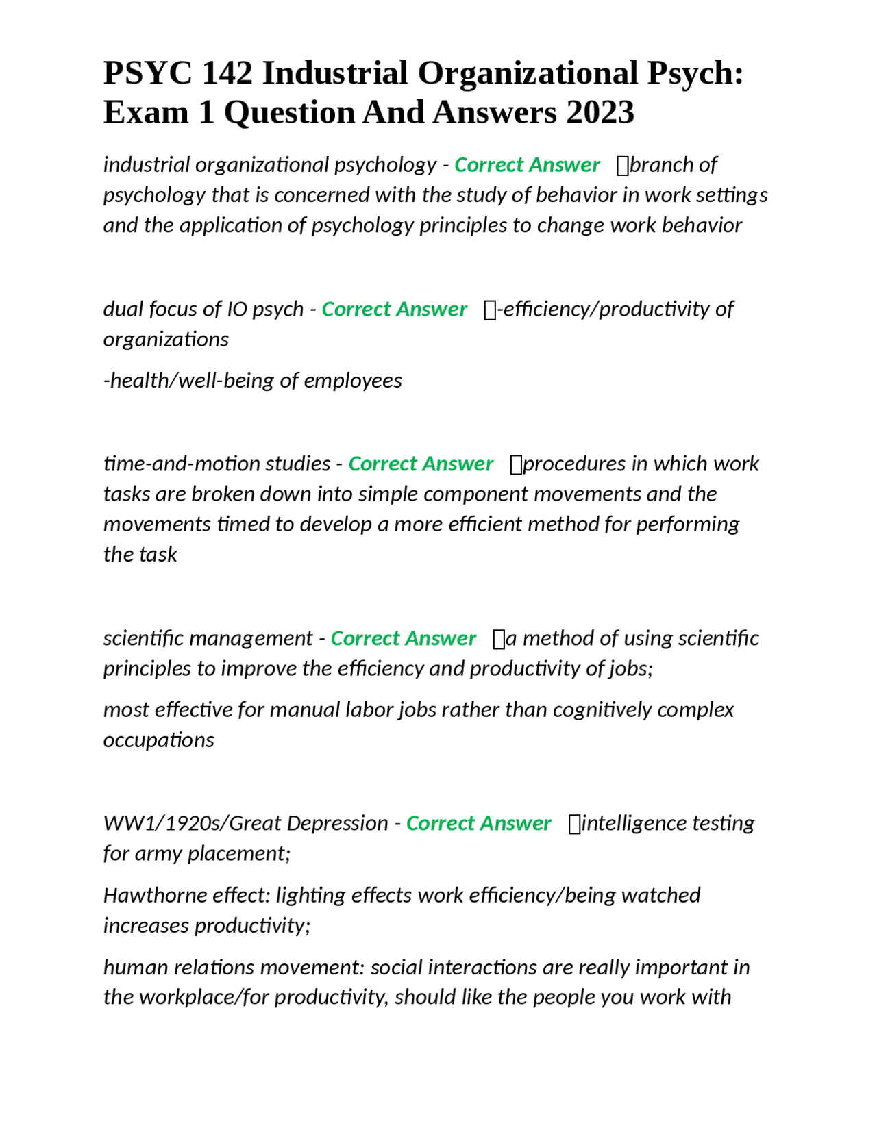 Industrial Organizational Psychology Exam 1 Questions and Answers ...