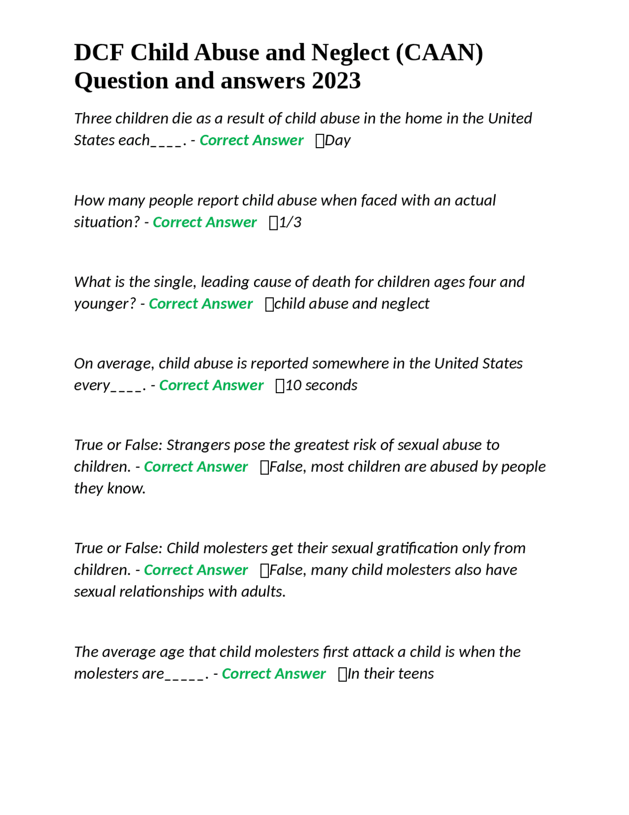 DCF Child Abuse and Neglect (CAAN) Question and answers 2023 | Exams ...