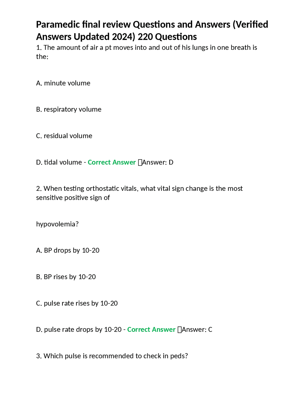 Paramedic Final Review Questions And Answers Verified Answers Updated