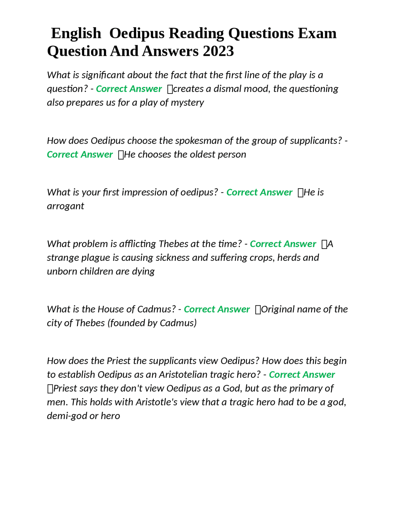English Oedipus Reading Questions Exam Question And Answers 2023 ...