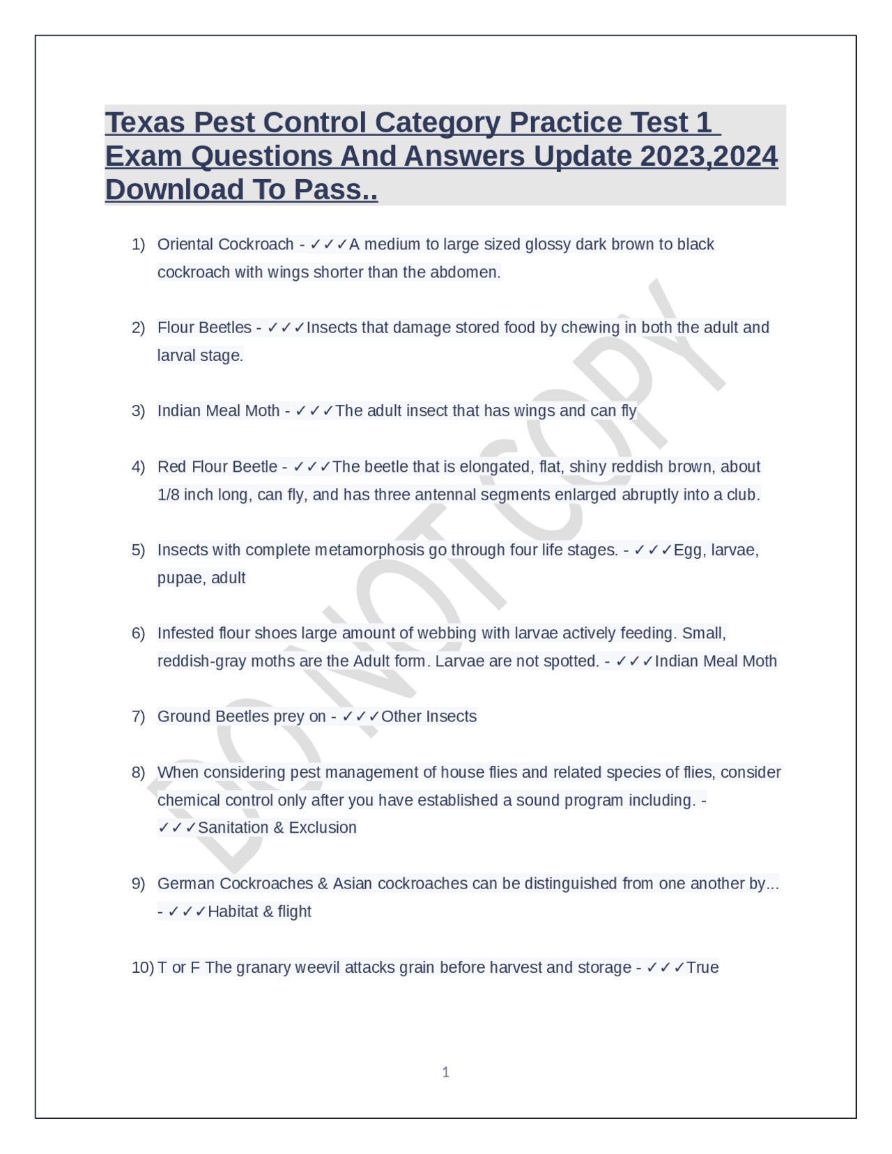 Texas Pest Control Category Practice Test 1 Exam Questions And Answers ...