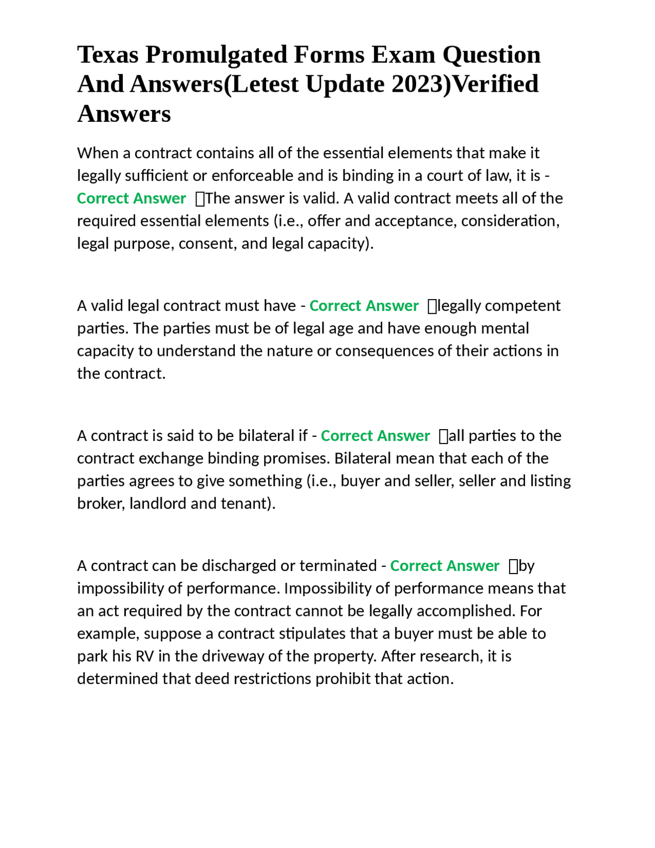 Texas Promulgated Forms Exam Question And Answers(Letest Update 2023 ...