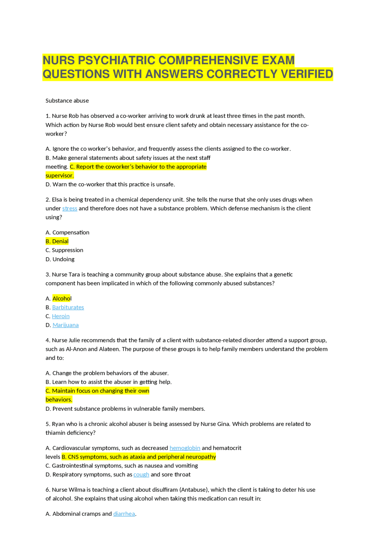 Nursing Psychiatric Comprehensive Exam Questions on Substance Abuse ...