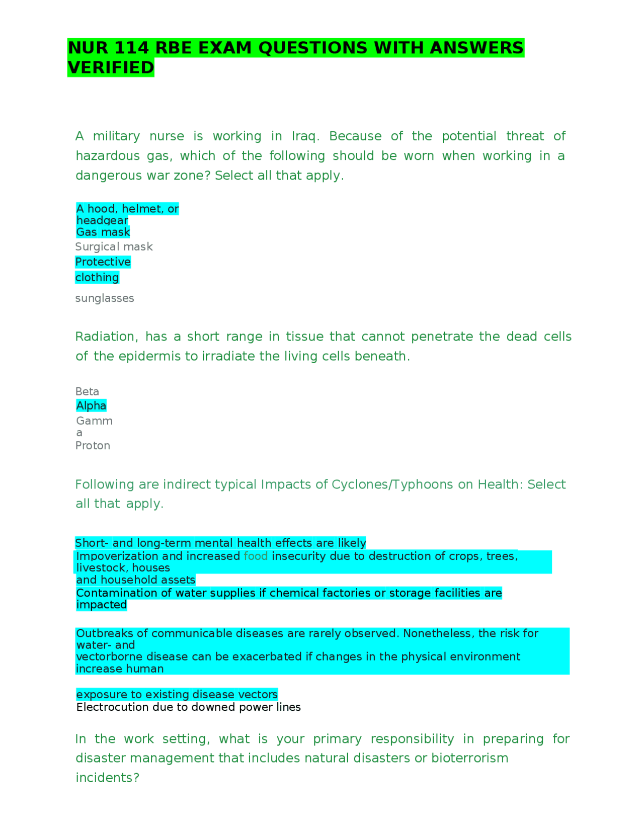 Nur 114 Rbe Exam Questions With Answers Verified Exams Nursing Docsity