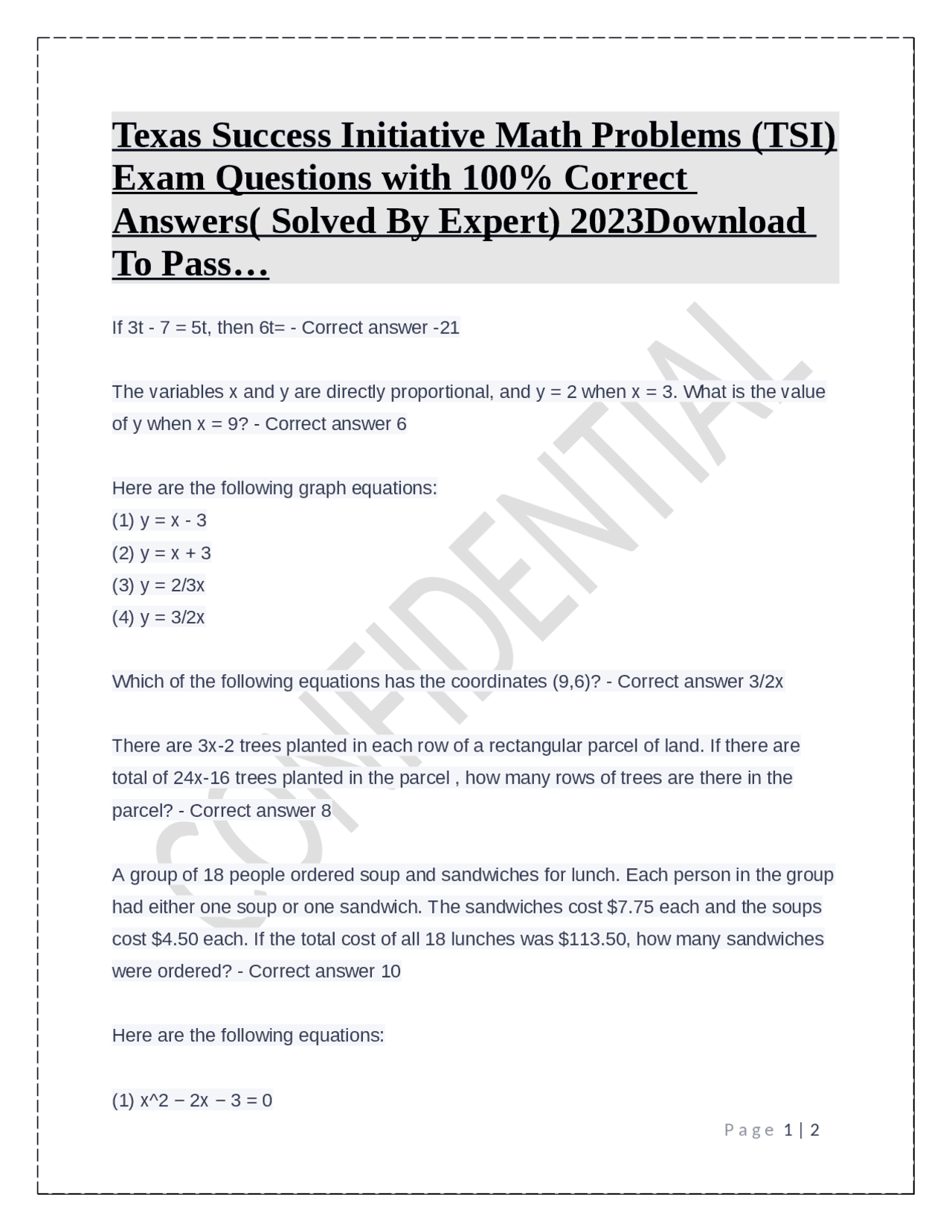 TSI Math Problems with 100% Correct Answers | Exams Mathematics | Docsity