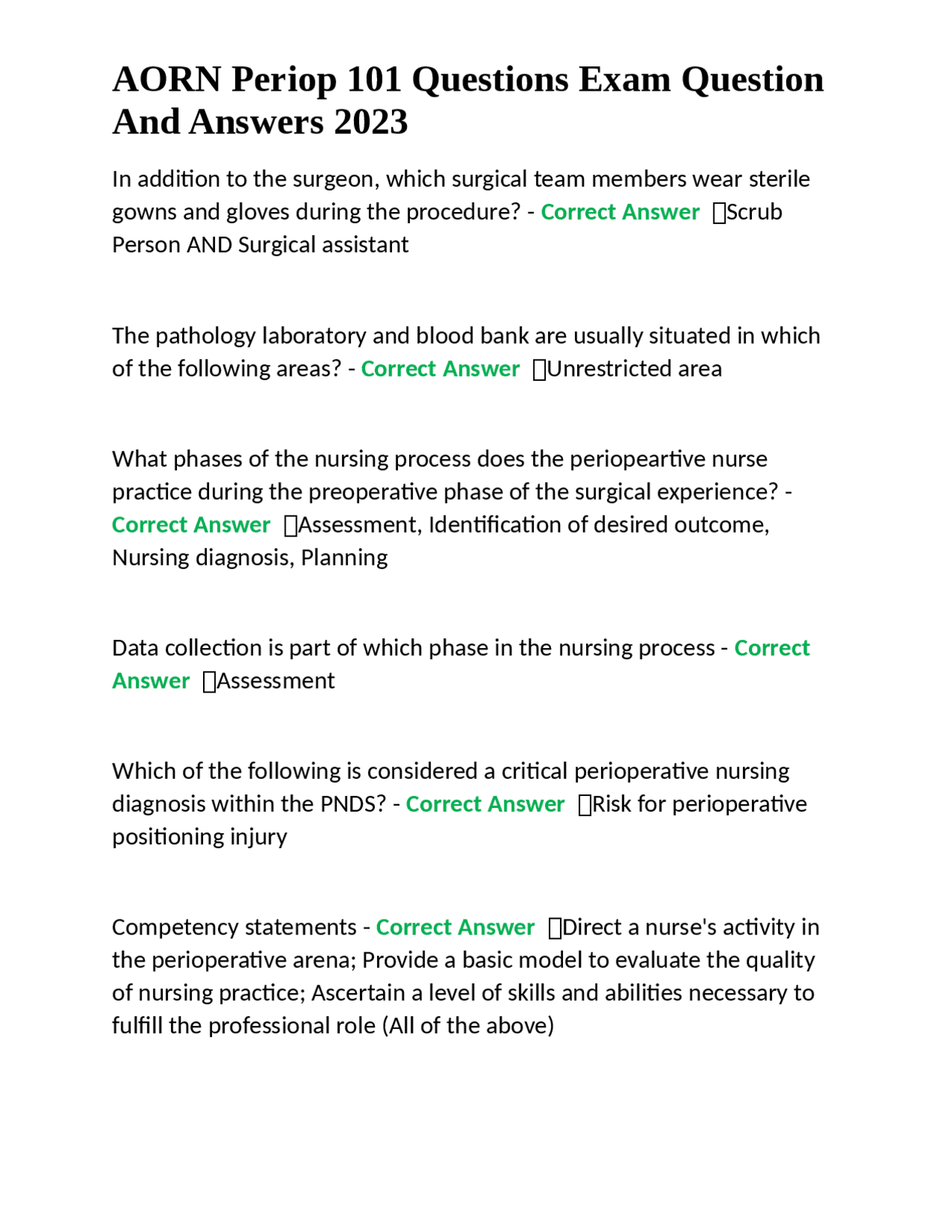AORN Periop 101 Questions Exam Question And Answers 2023 | Exams ...