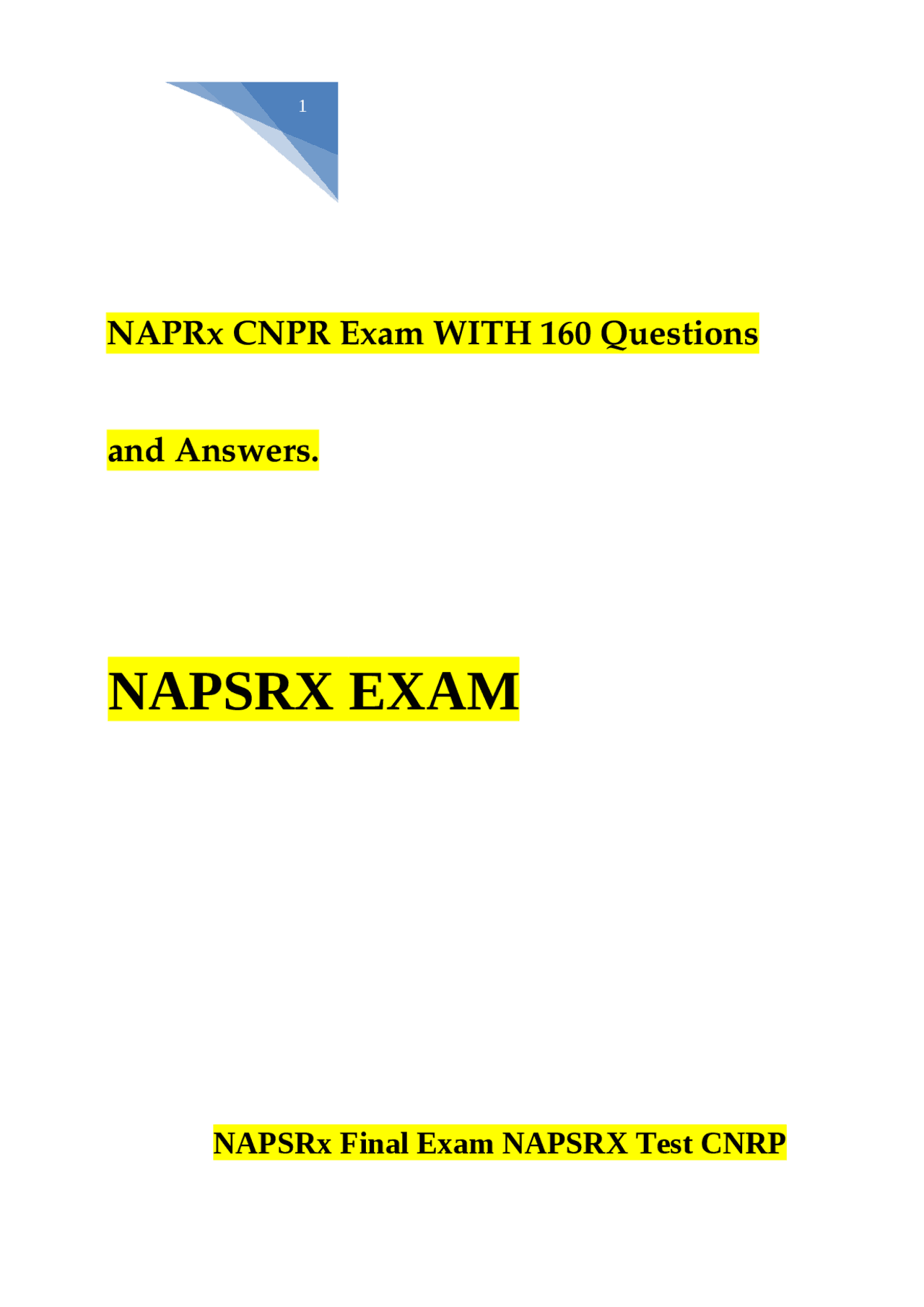 NAPRx CNPR Exam WITH 160 Questions and Answers. | Exams Nursing | Docsity