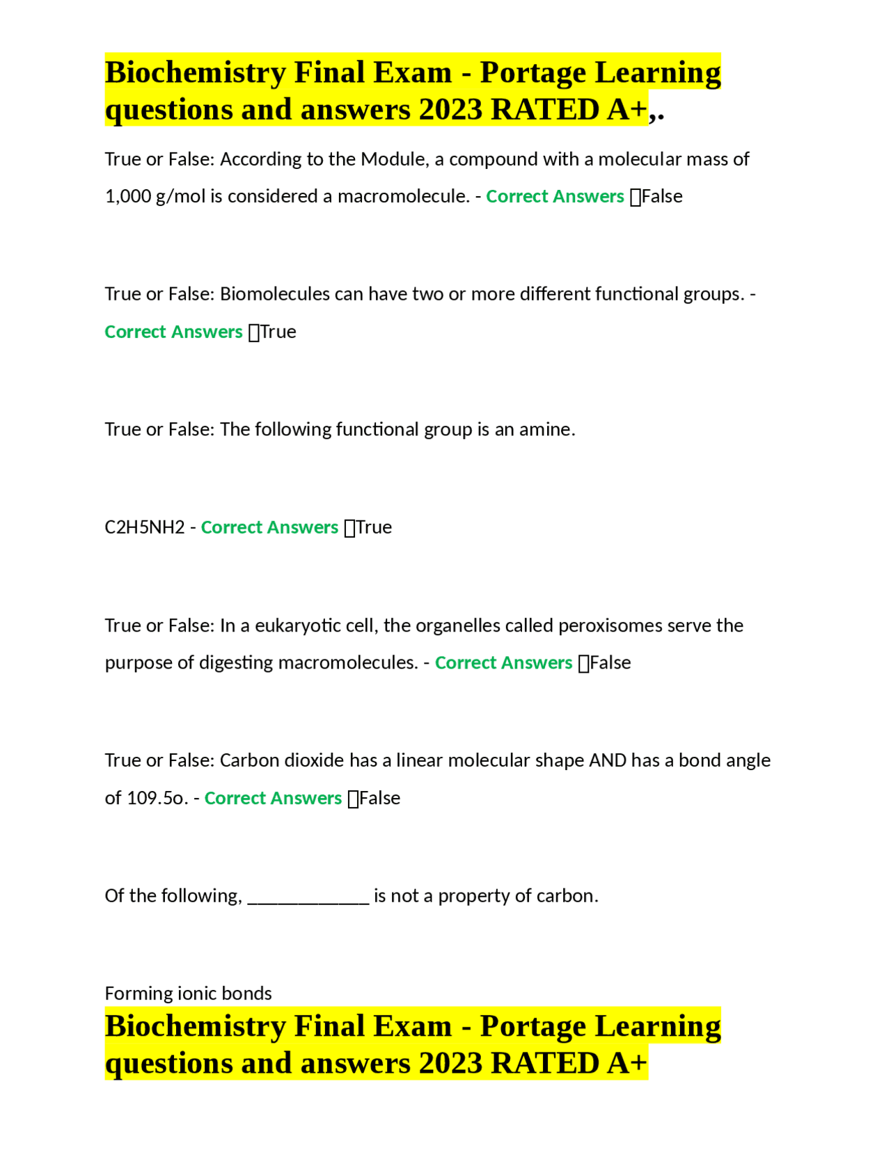 Biochemistry Final Exam - Portage Learning | Exams Nursing | Docsity