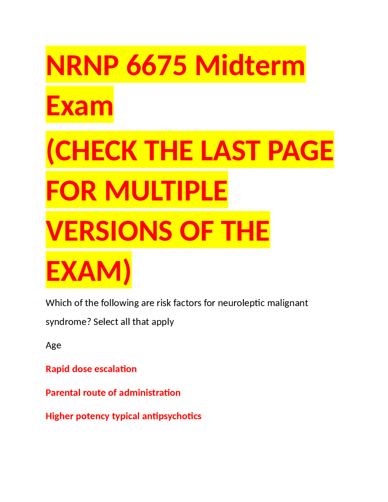 NRNP 6675 Midterm Exam with Complete Solutions 2024 Update. | Exams Nursing | Docsity
