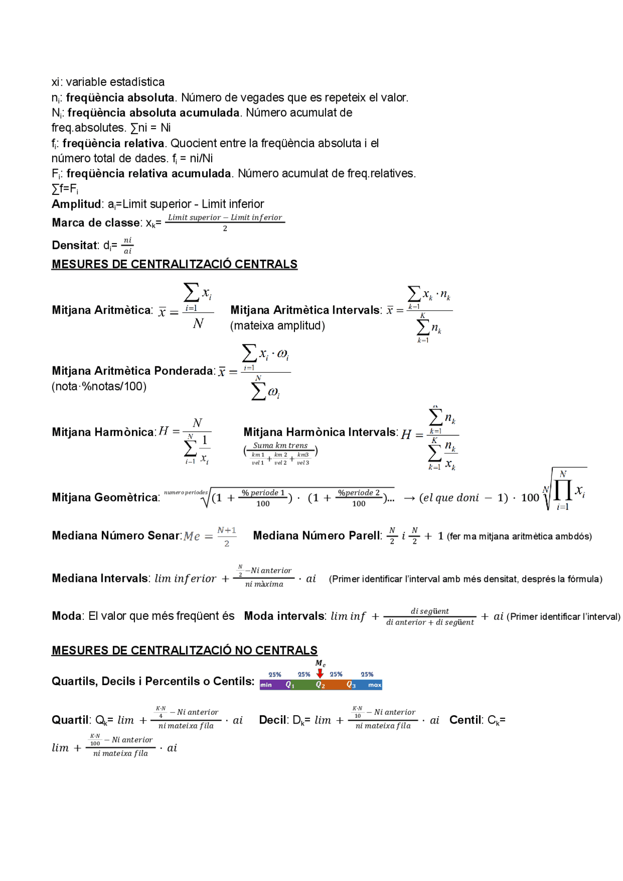 formulas estadistica | Resúmenes de Estadística | Docsity