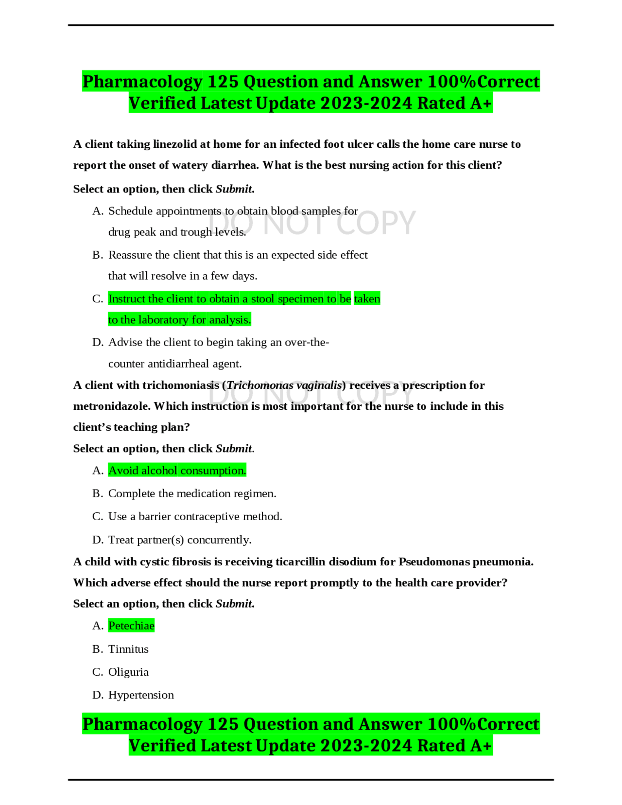 Pharmacology 125 Question and Answer 100%Correct Verified Latest Update ...