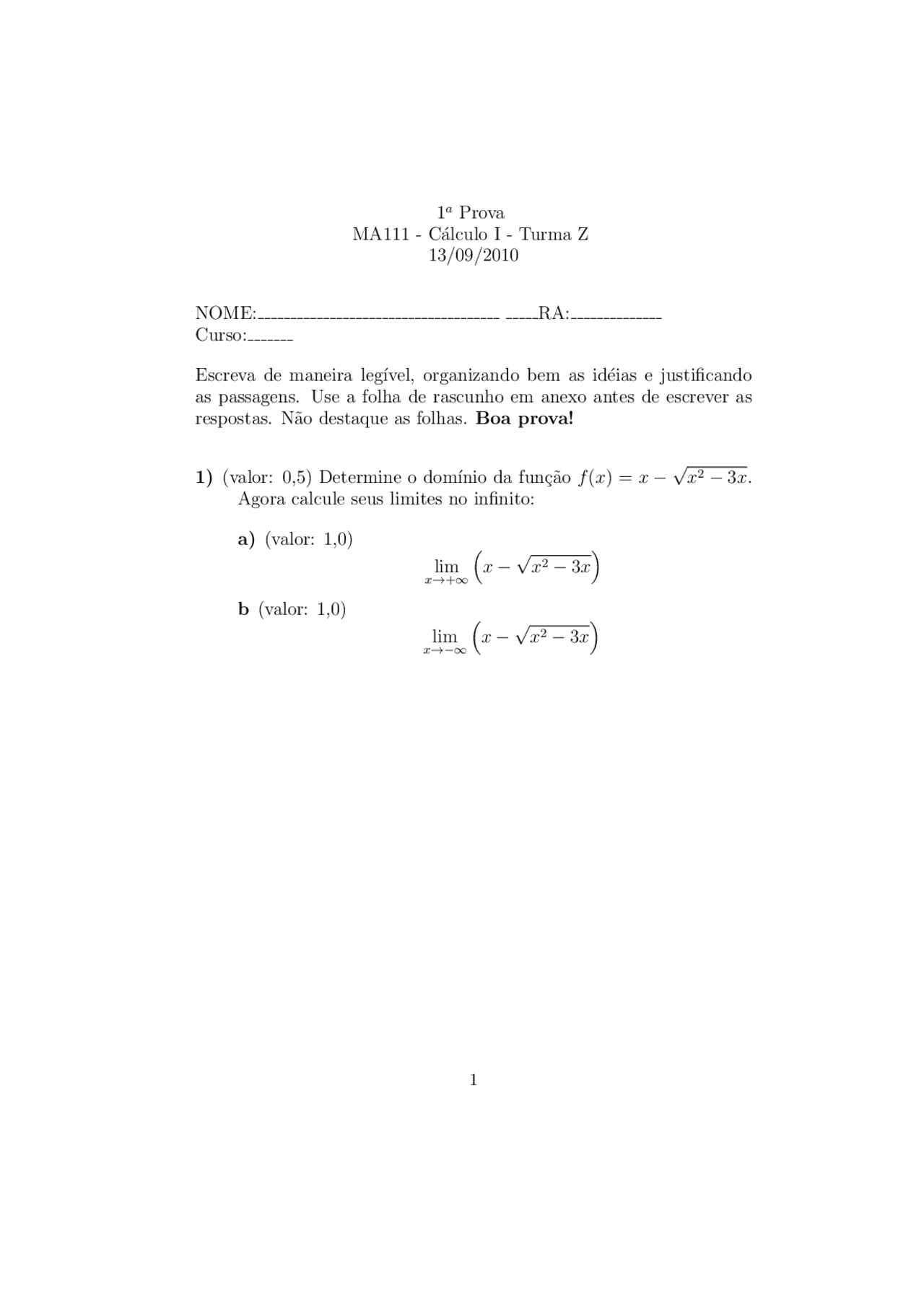 É Uma Prova De Calculo Provas Cálculo Docsity