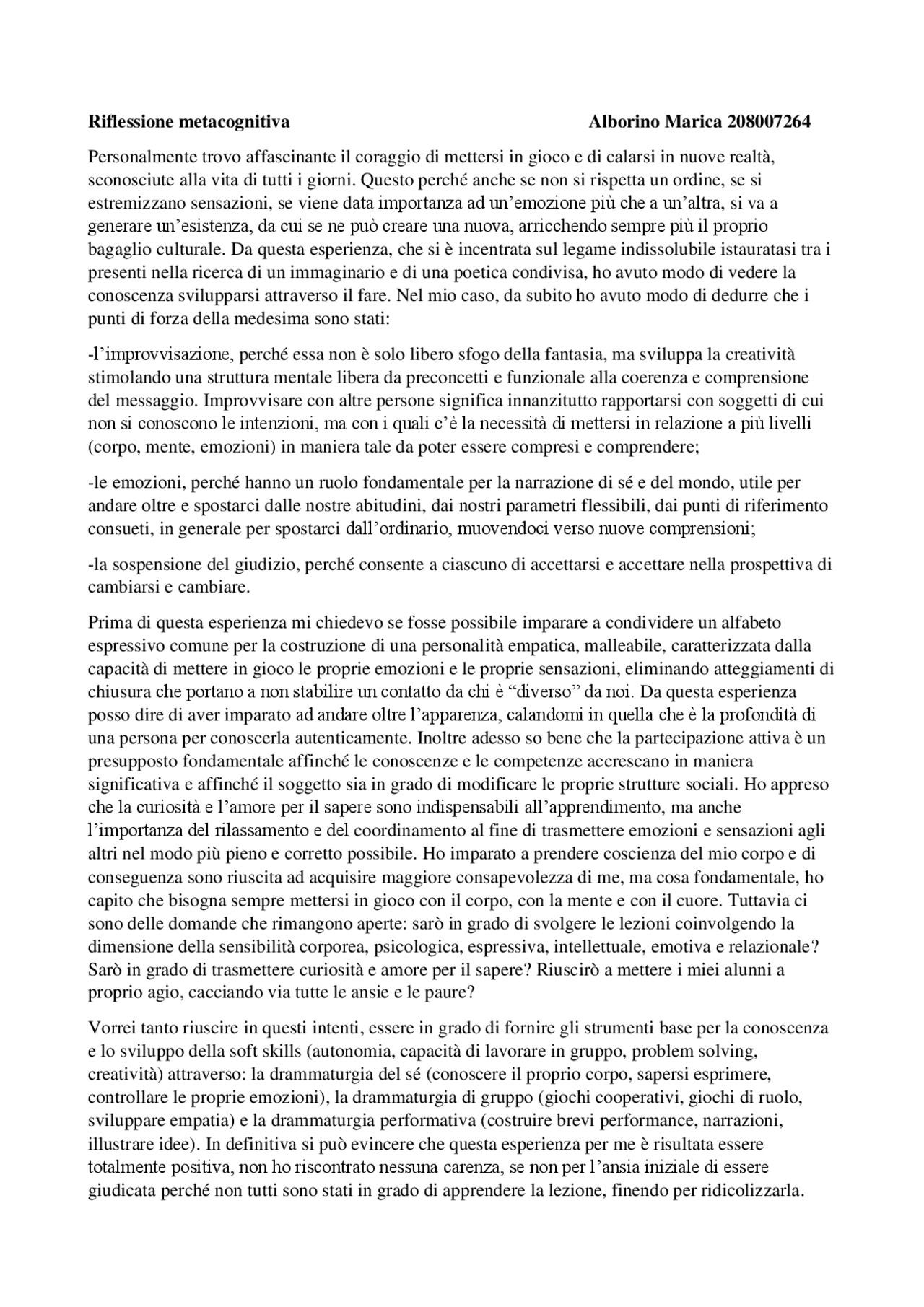 Riflessione metacognitiva sull'apprendimento attraverso la drammaturgia del sé e di gruppo ...