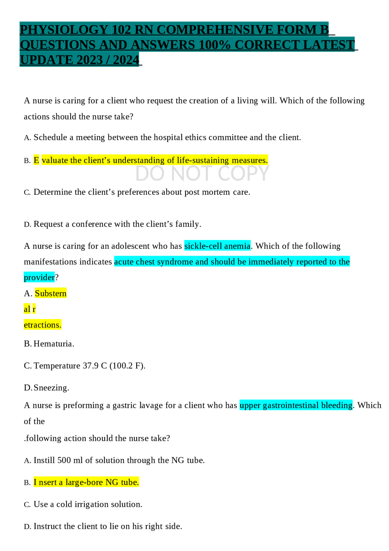 PHYSIOLOGY 102 RN COMPREHENSIVE FORM B QUESTIONS AND ANSWERS 100% ...