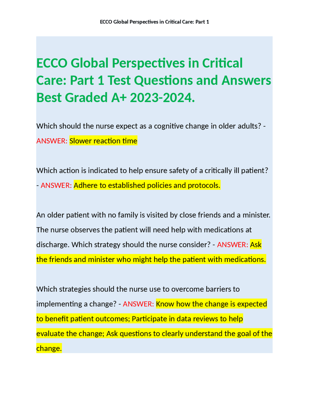ECCO Global Perspectives in Critical Care: Part 1 Test Questions and ...
