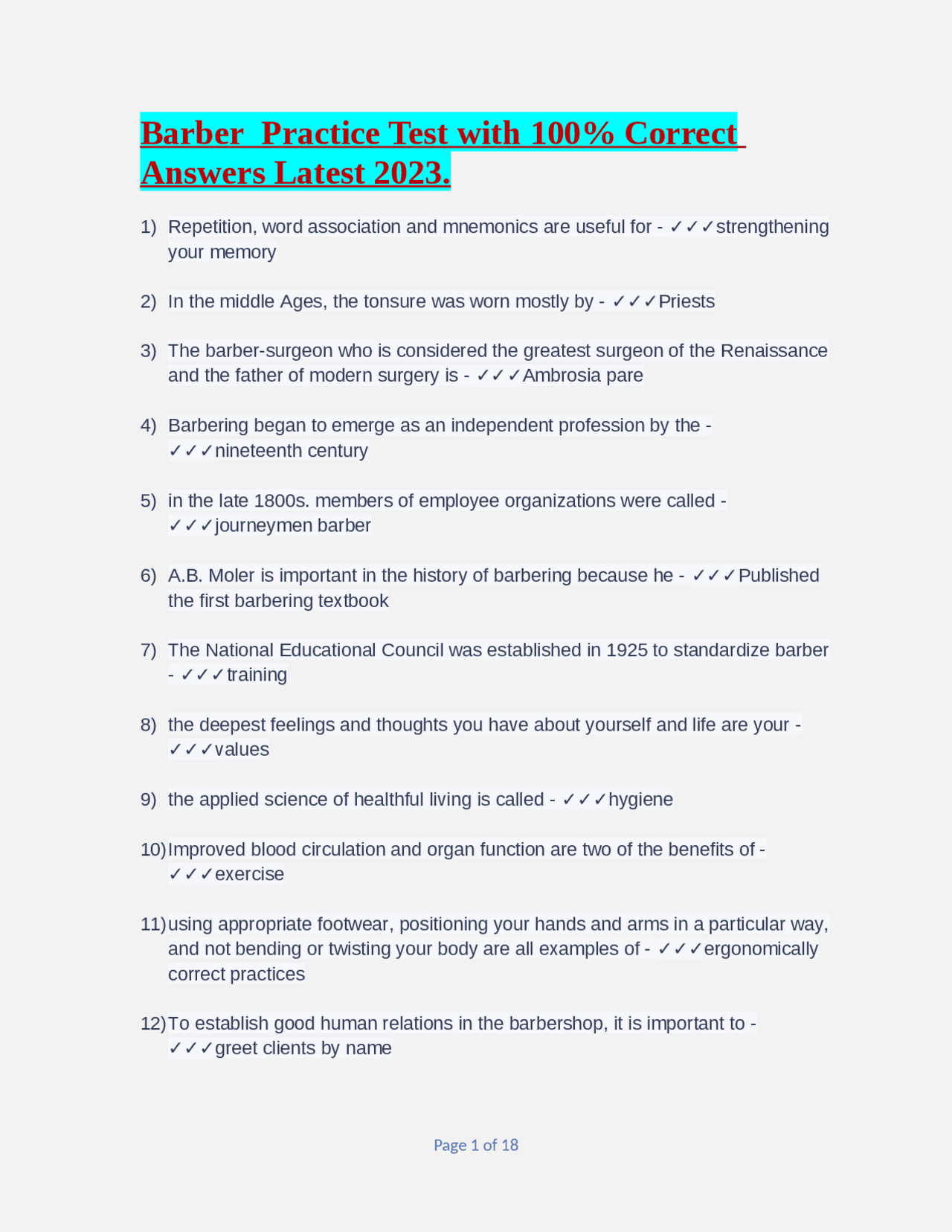 Barber Practice Test with 100% Correct Answers Latest 2023. | Exams ...