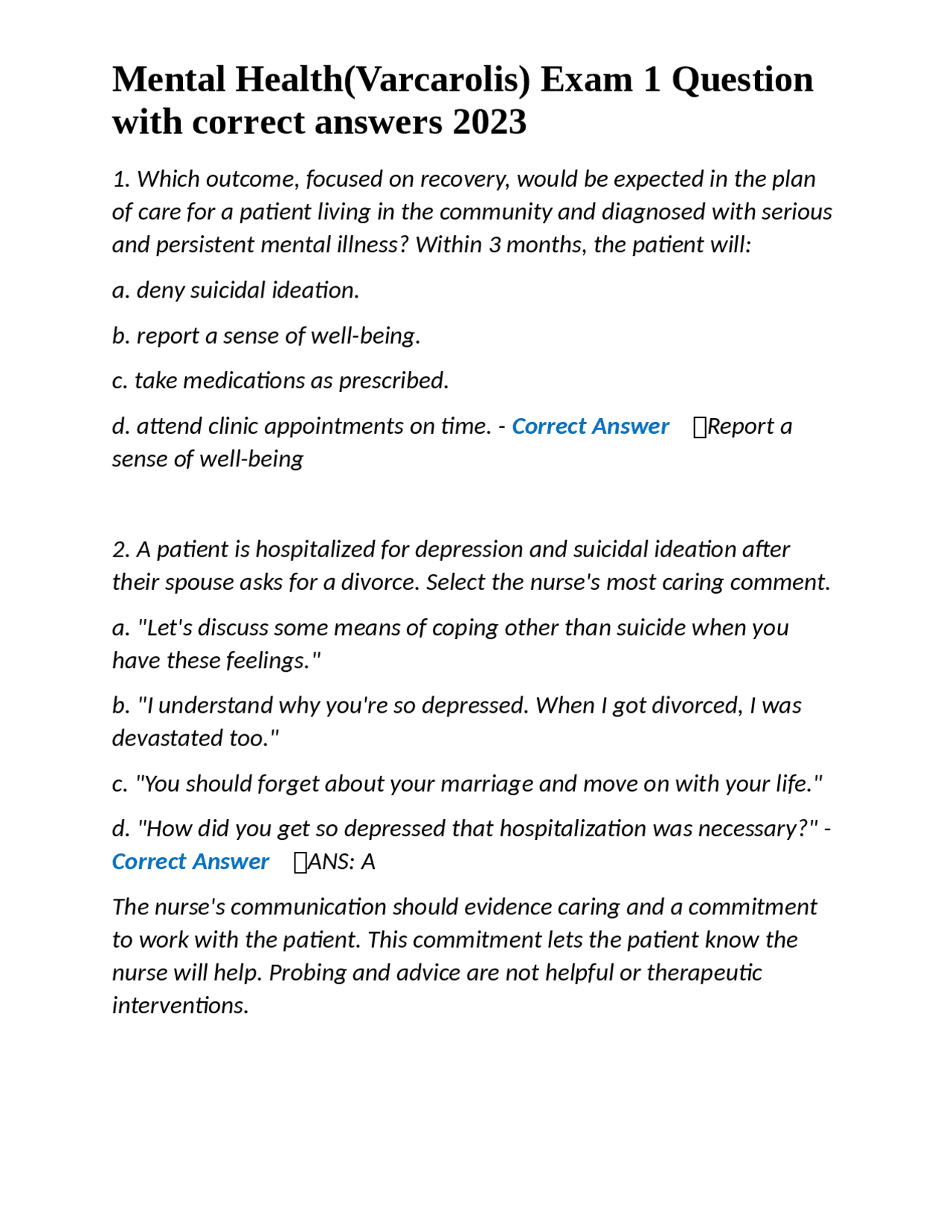 Mental Health Exam Questions with Correct Answers | Exams Nursing | Docsity