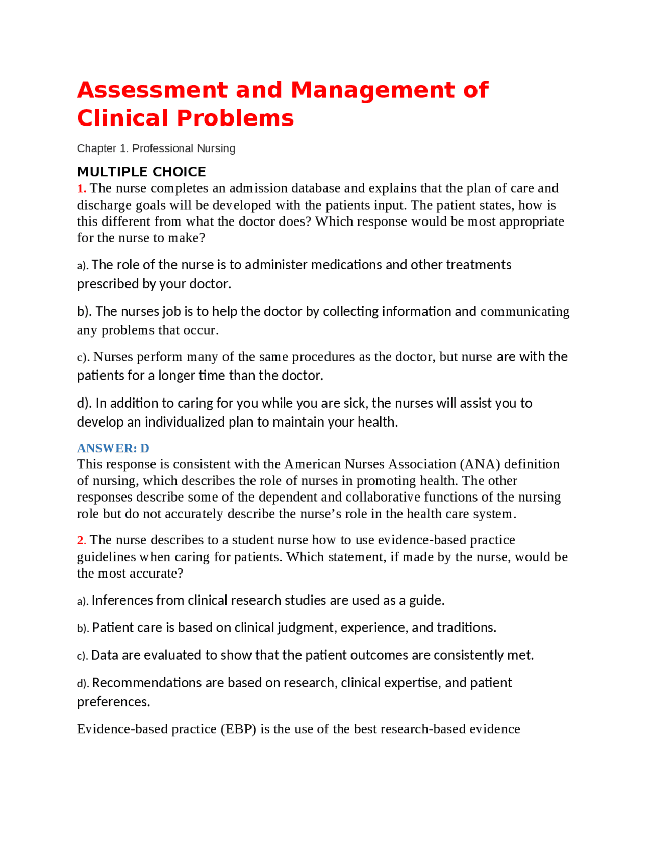 Assessment and Management of Clinical Problems Chapter 1: Professional ...