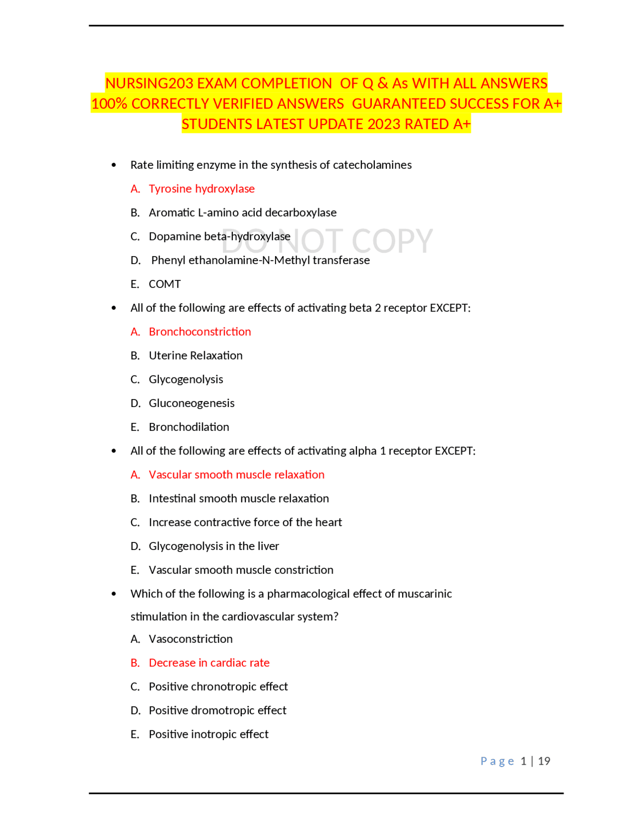 NURSING203 EXAM COMPLETION OF Q & As WITH ALL ANSWERS 100% CORRECTLY ...