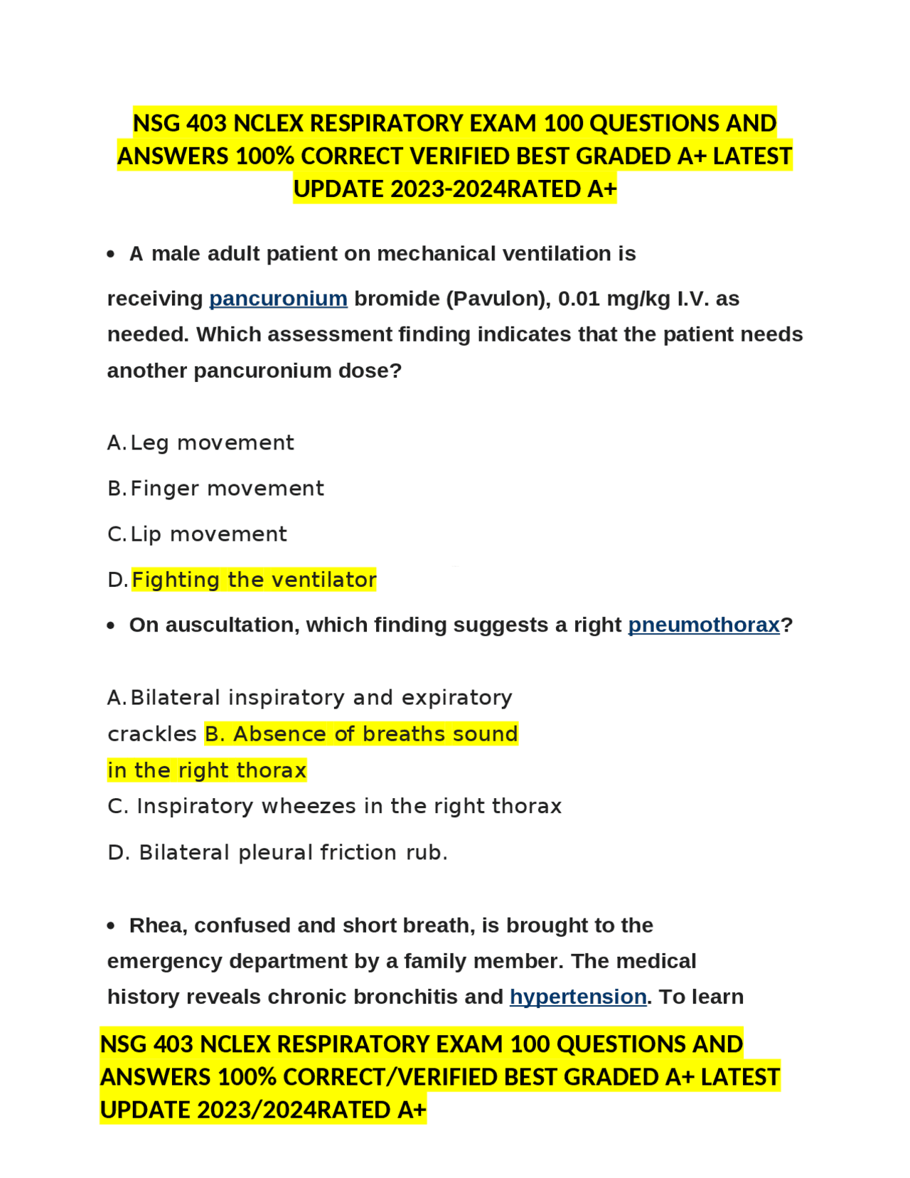 NSG 403 NCLEX RESPIRATORY EXAM 100 QUESTIONS AND ANSWERS 100% CORRECT VERIFIED BEST GRADED ...