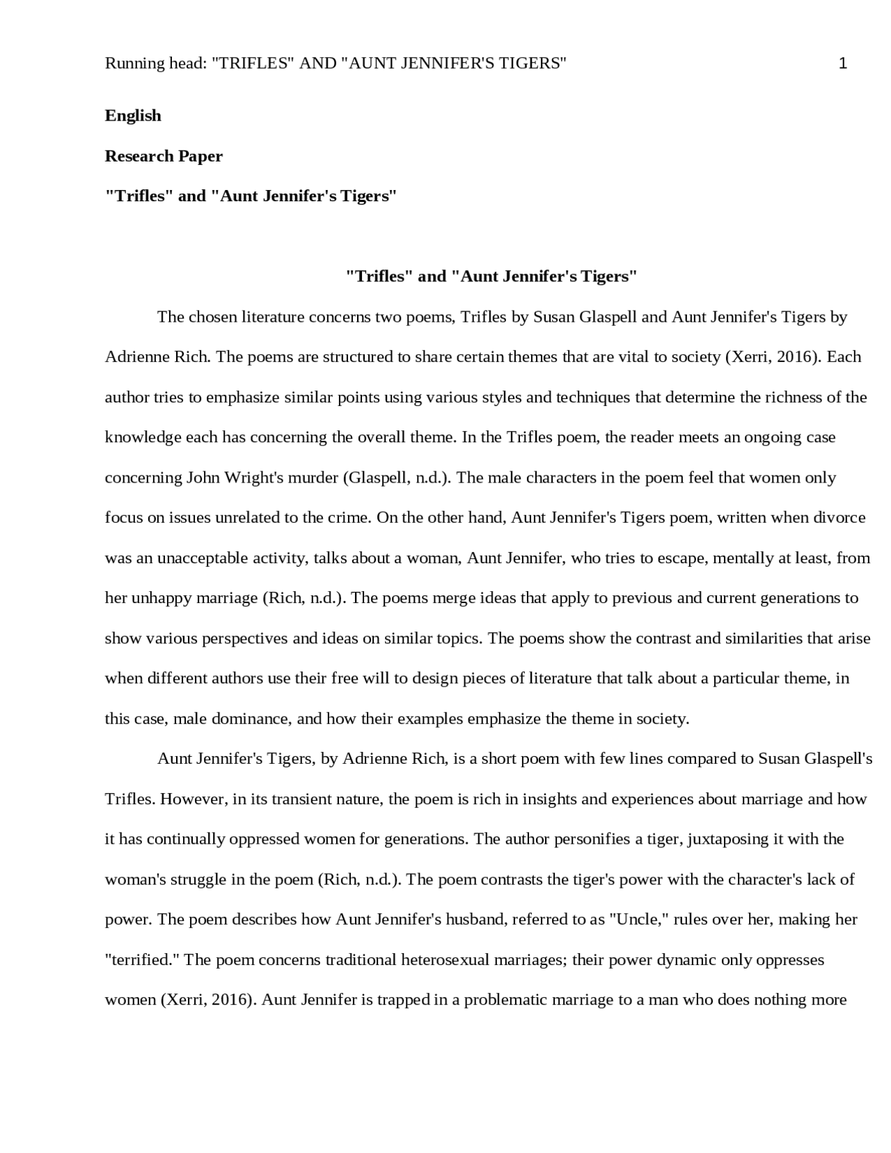 "Trifles" and "Aunt Jennifer's Tigers" | Essays (university) English ...
