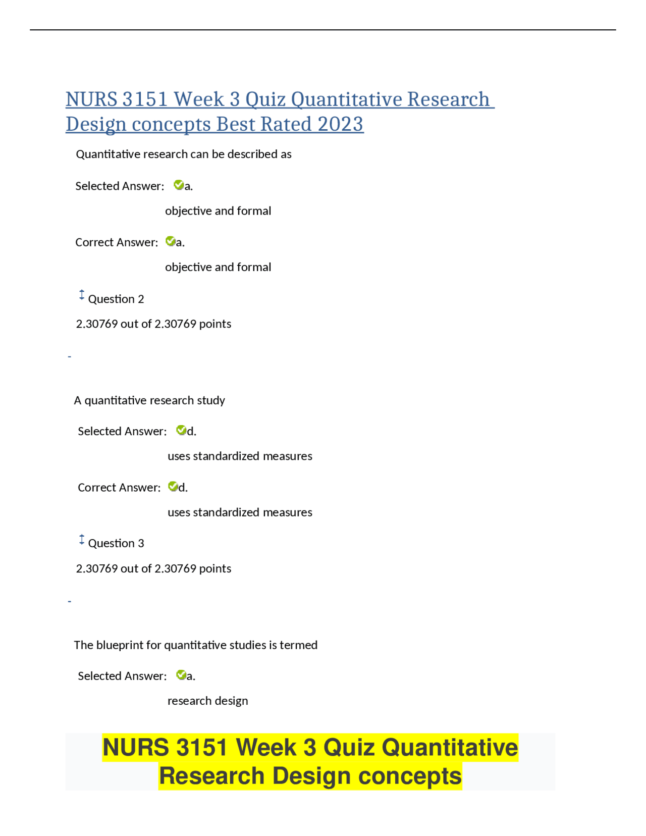 Nurs 3151 Week 3 Quiz Quantitative Research Design Concepts Best Rated