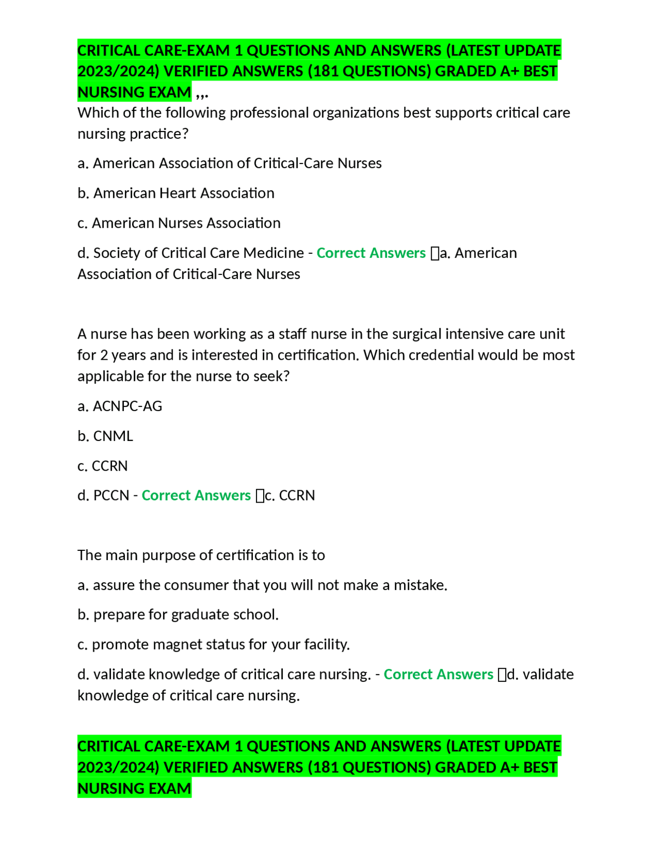 CRITICAL CARE-EXAM 1 QUESTIONS AND ANSWERS (LATEST UPDATE 2023/2024 ...
