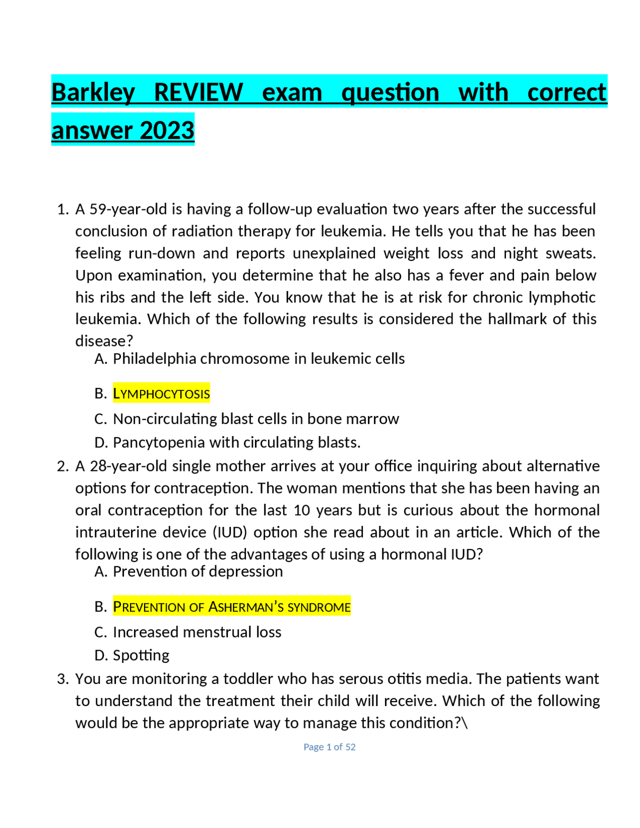Barkley REVIEW exam question with correct answer 2023 | Exams Nursing ...